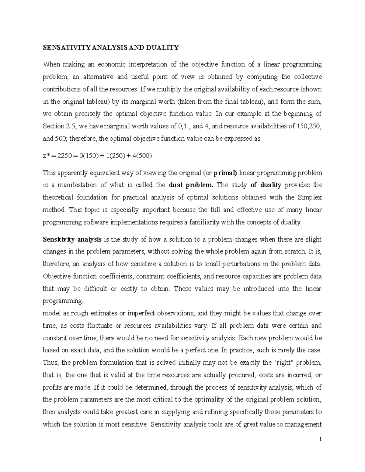 Sensativity Analysis AND Duality - SENSATIVITY ANALYSIS AND DUALITY ...