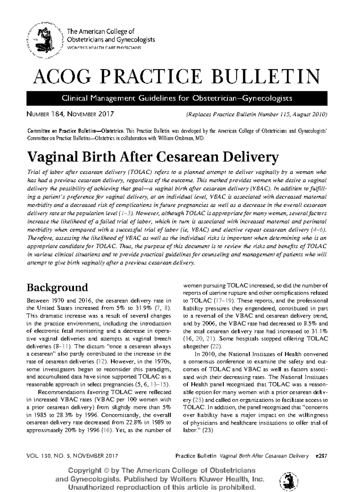 Cesarea y parto vaginal acog - VOL. 130, NO. 5, NOVEMBER 2017 Practice ...