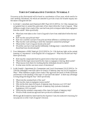 Tutorial 3 - Tort in a Comparative Context LS2537 – Tutorial 3 Reading K. Horsey and E. Rackley ...