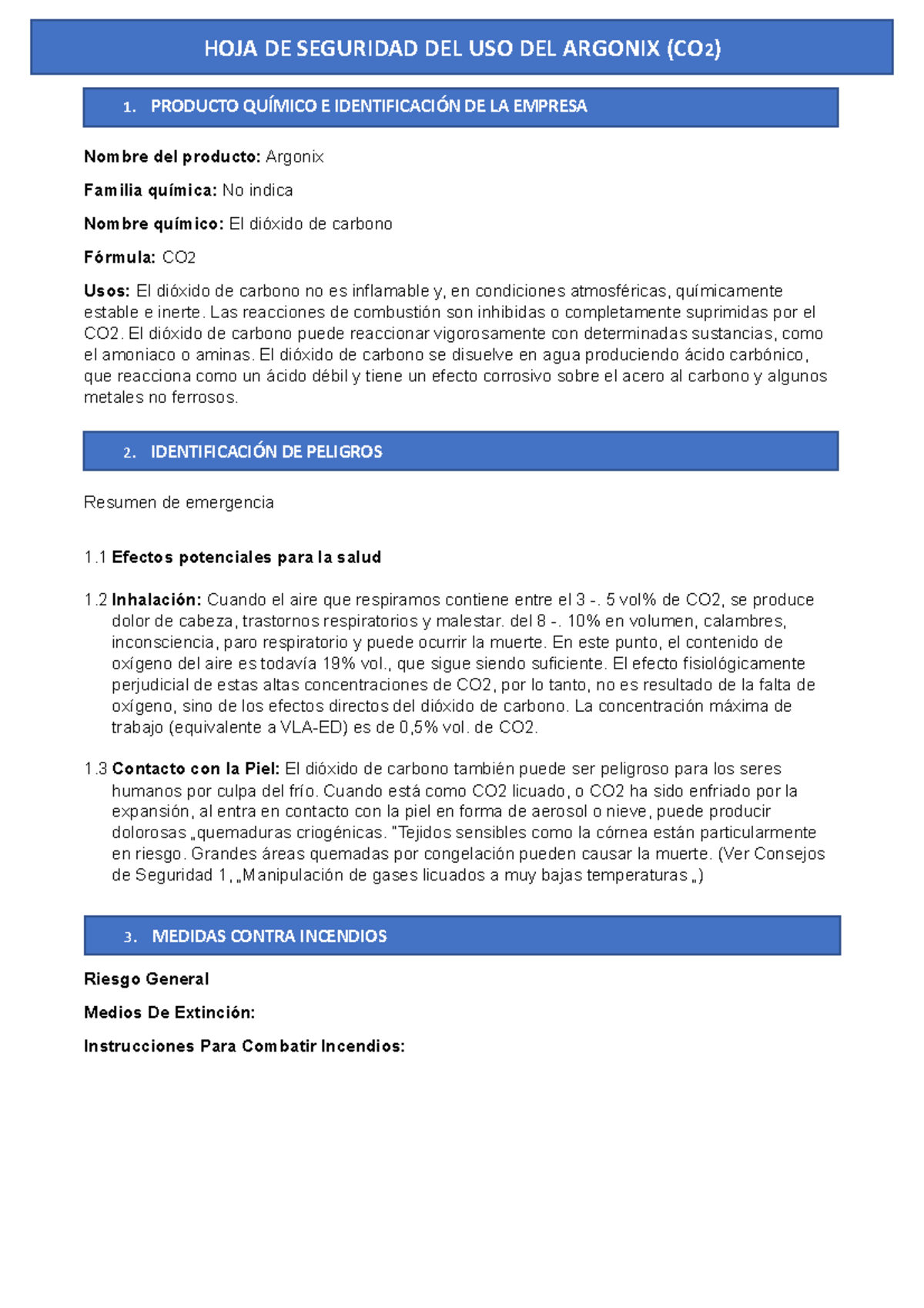 HOJA DE Seguridad DEL USO DEL Argonix - Nombre del producto: Argonix ...