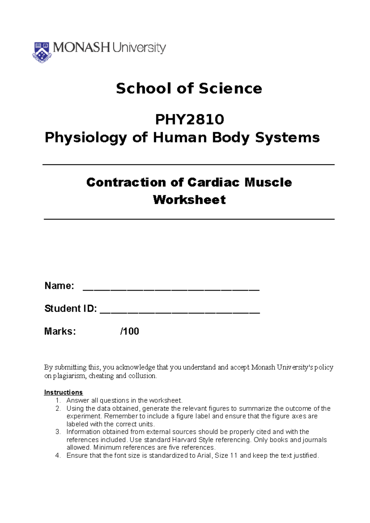PHY2810 Contraction of Cardiac Muscle Worksheet - School of Science PHY ...