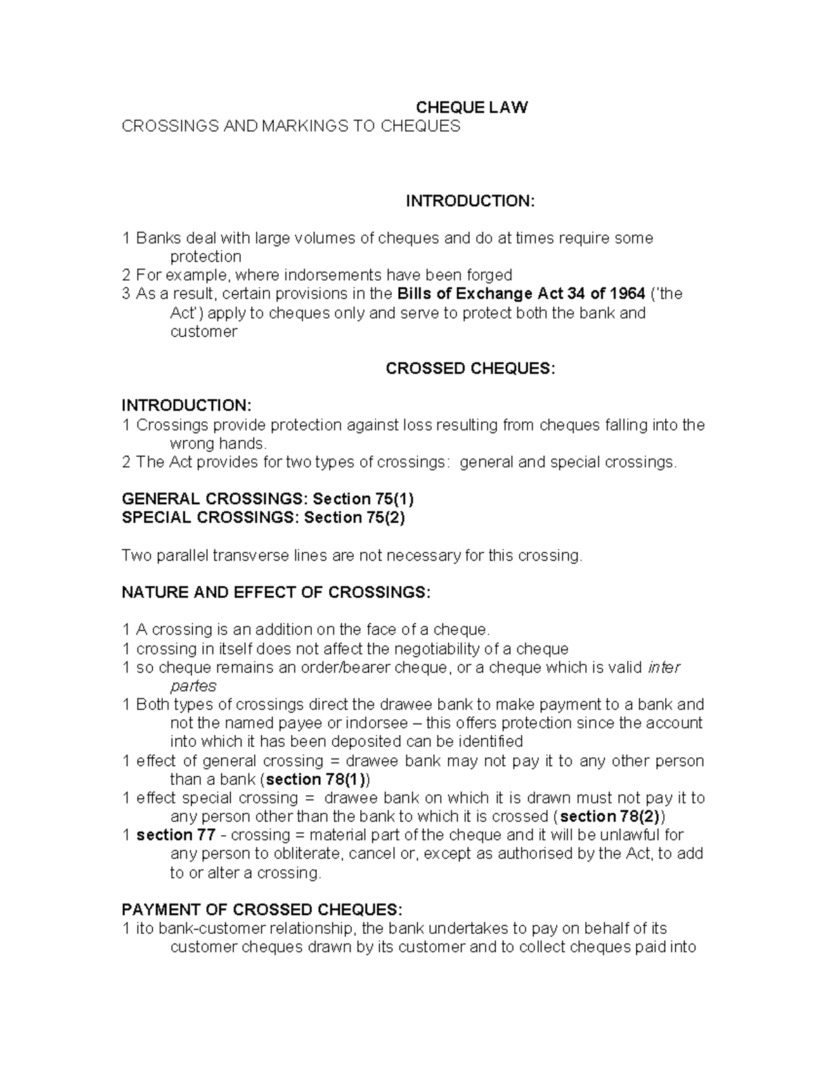 Notes - Principals and Methods of Payment - CHEQUE LAW CROSSINGS AND ...