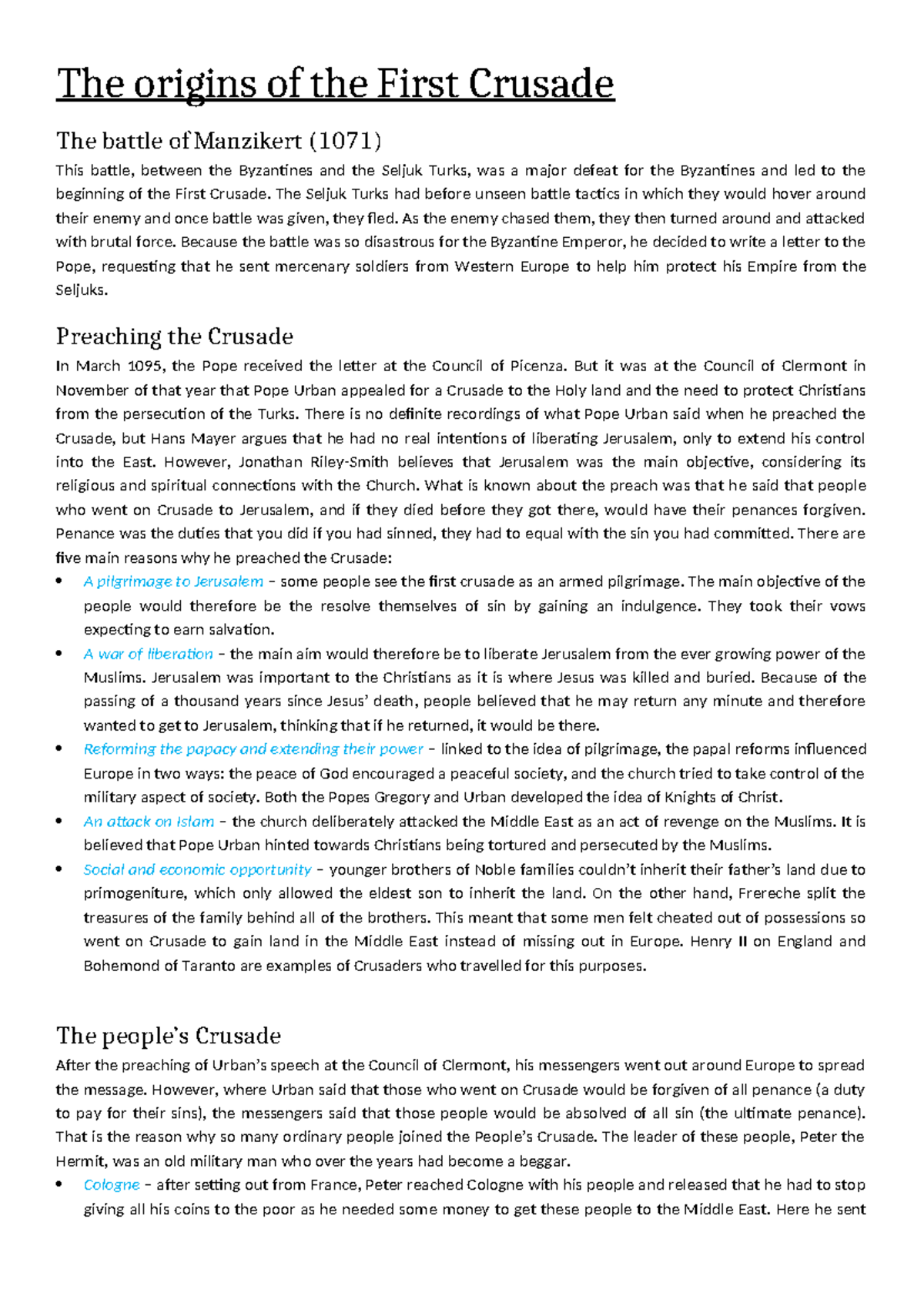Crusades revision sheets - The origins of the First Crusade The battle ...