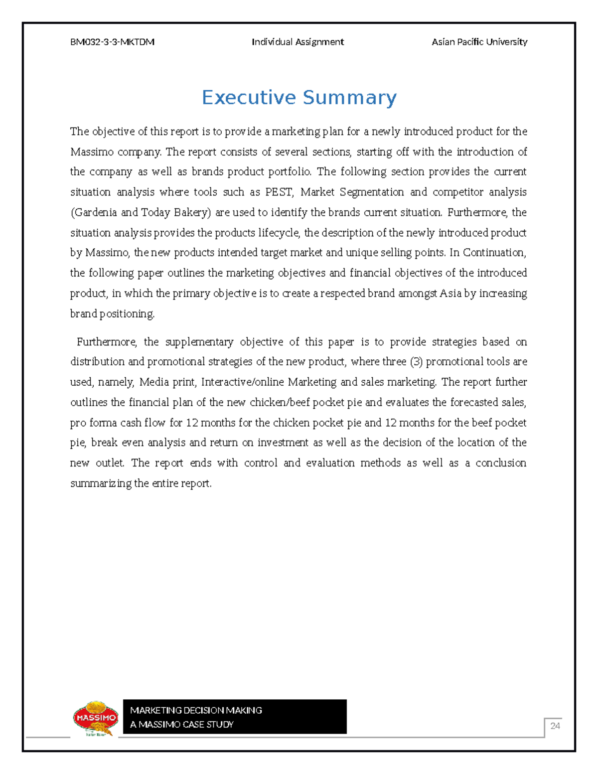 Executive Summary - MARKETING DECISION MAKING A MASSIMO CASE STUDY ...