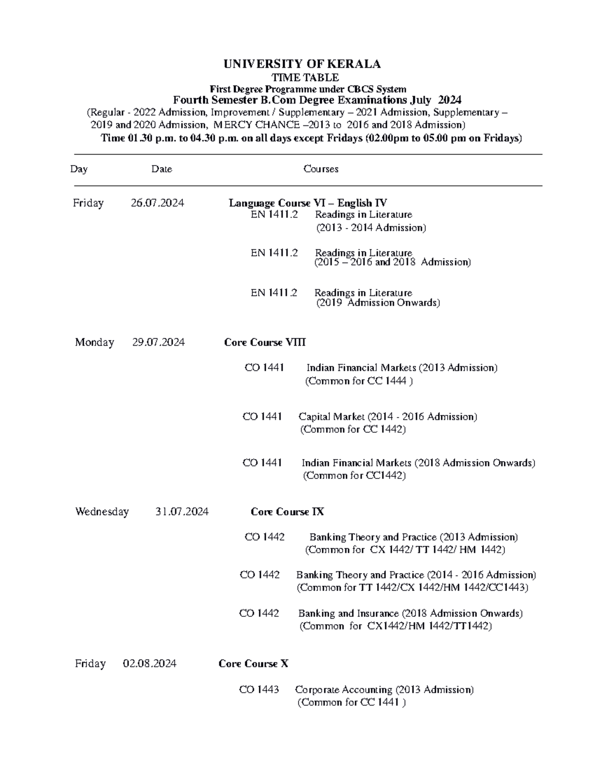 66606 240708 195943 - TIME TABLE - UNIVERSITY OF KERALA TIME TABLE First Degree Programme under ...