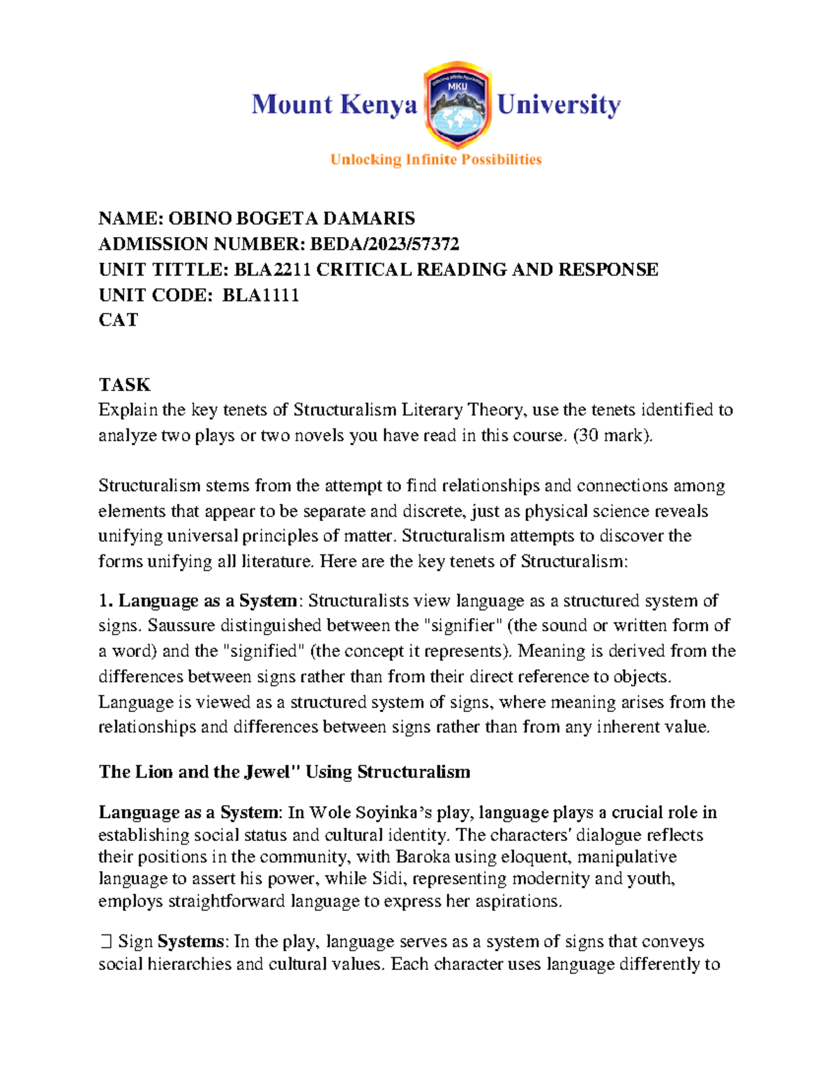 Critical reading assignment - NAME: OBINO BOGETA DAMARIS ADMISSION NUMBER: BEDA/2023/ UNIT ...