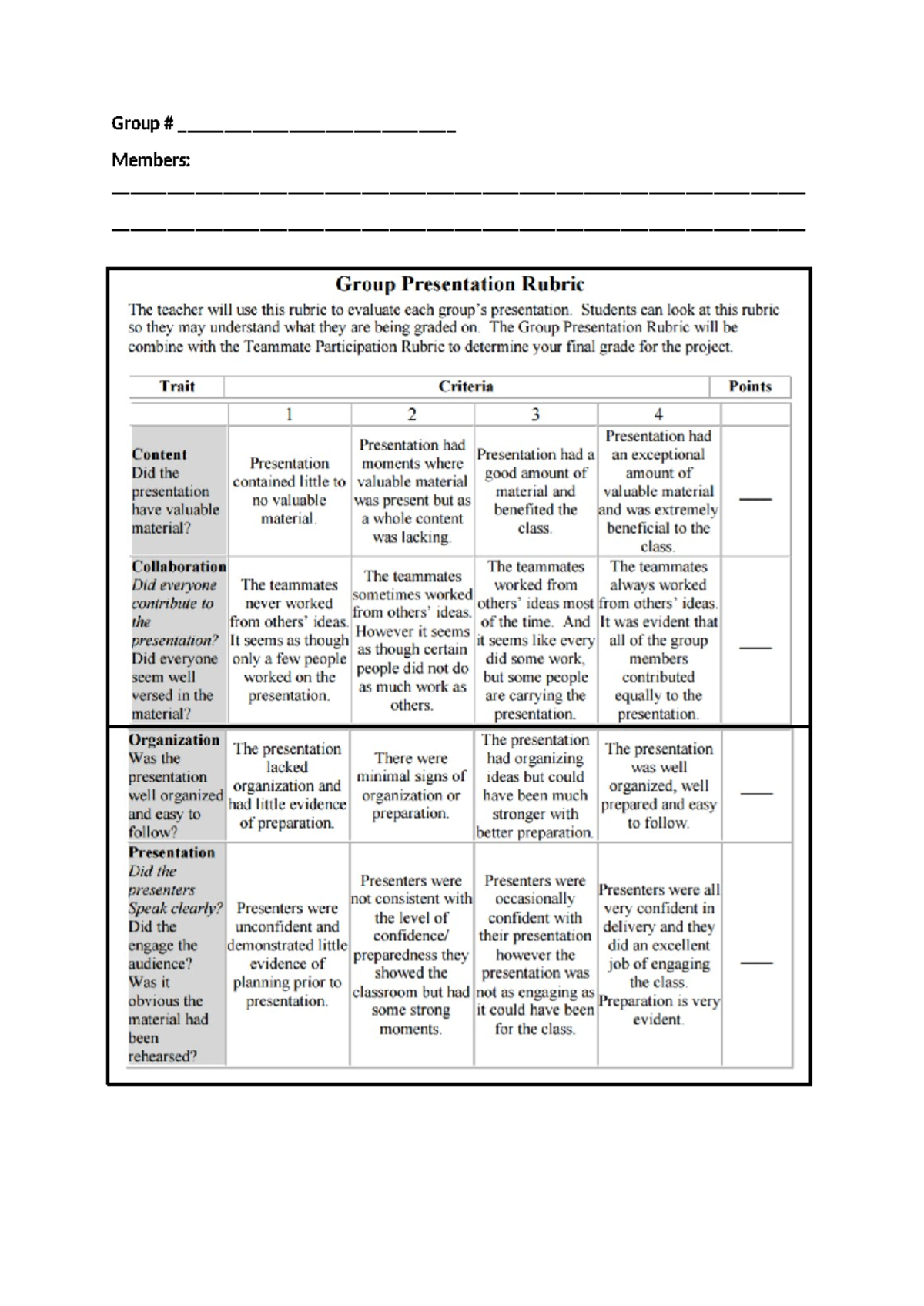 Rubrics Lesson 20 - Group Members: Group Presentation Rubric The ...
