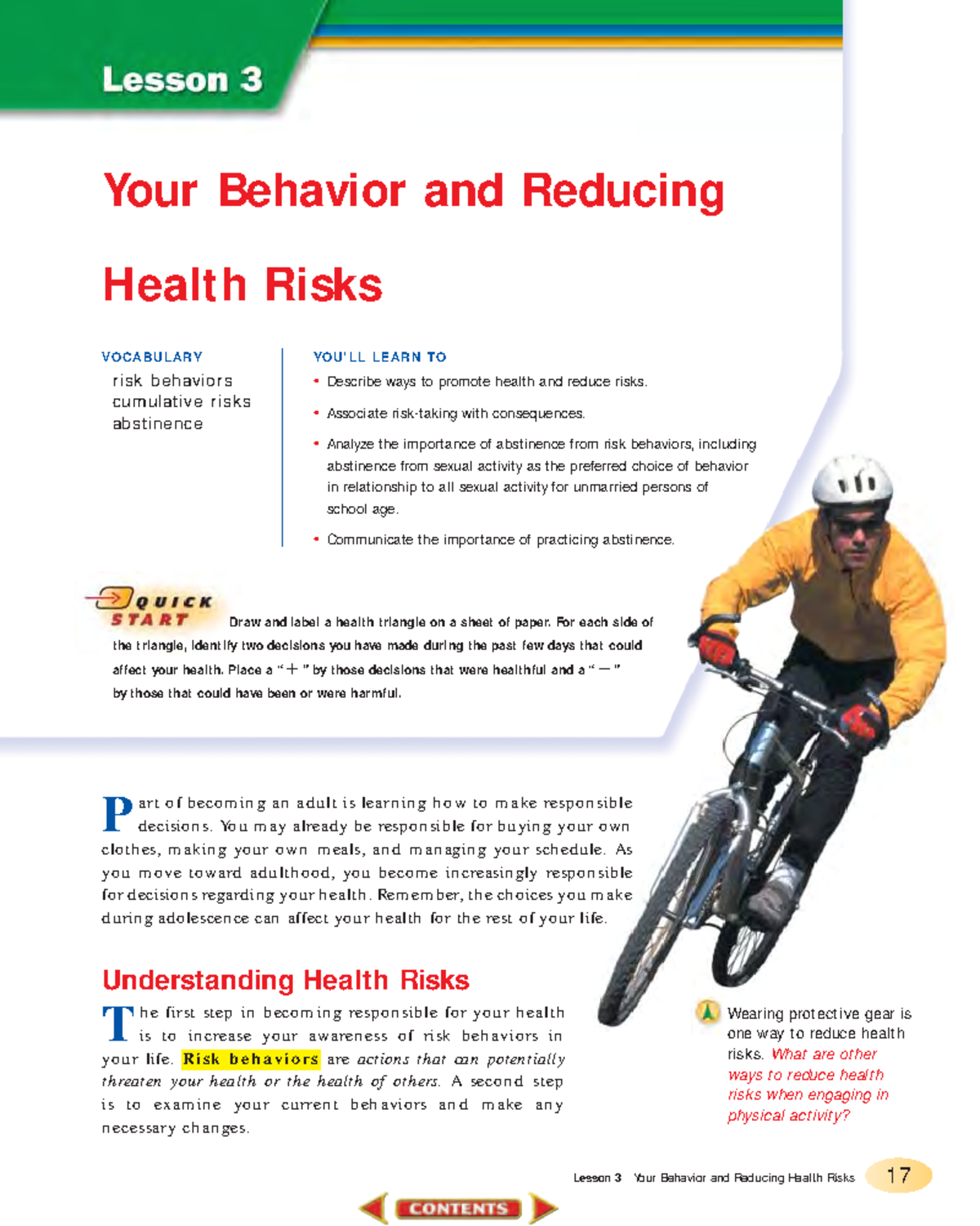 Chapter 1 Lesson 3 Health - VOCABULARY risk behaviors cumulative risks ...