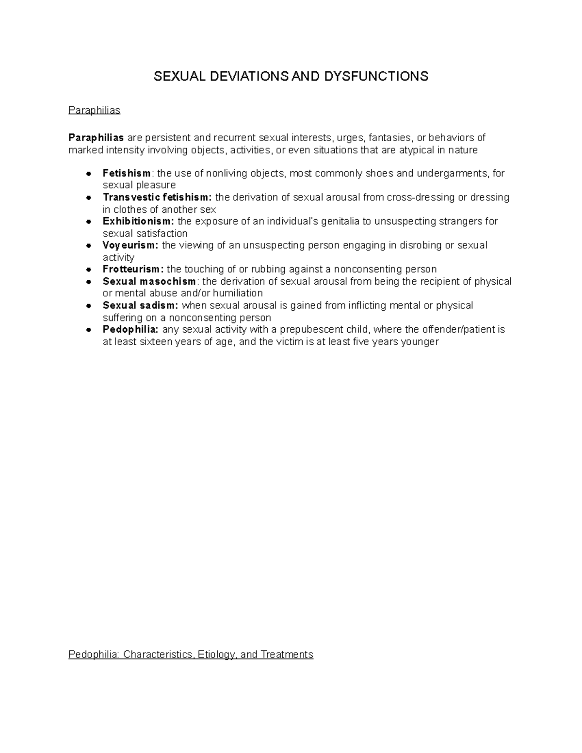 Sexual Deviations and Dysfunctions: Paraphilias Pedophilia and Treatment Methods - Studocu