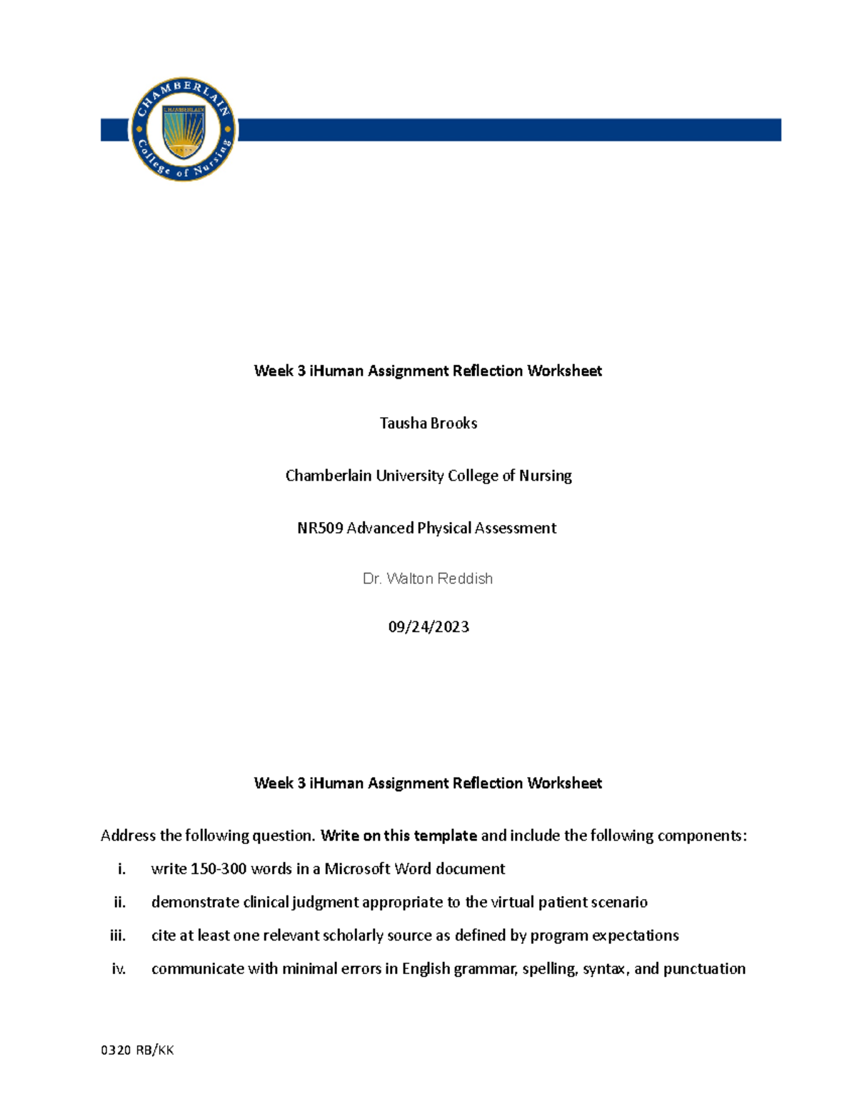 Week 3 i Human Assignment Reflection Worksheet - Walton Reddish 09/24 ...