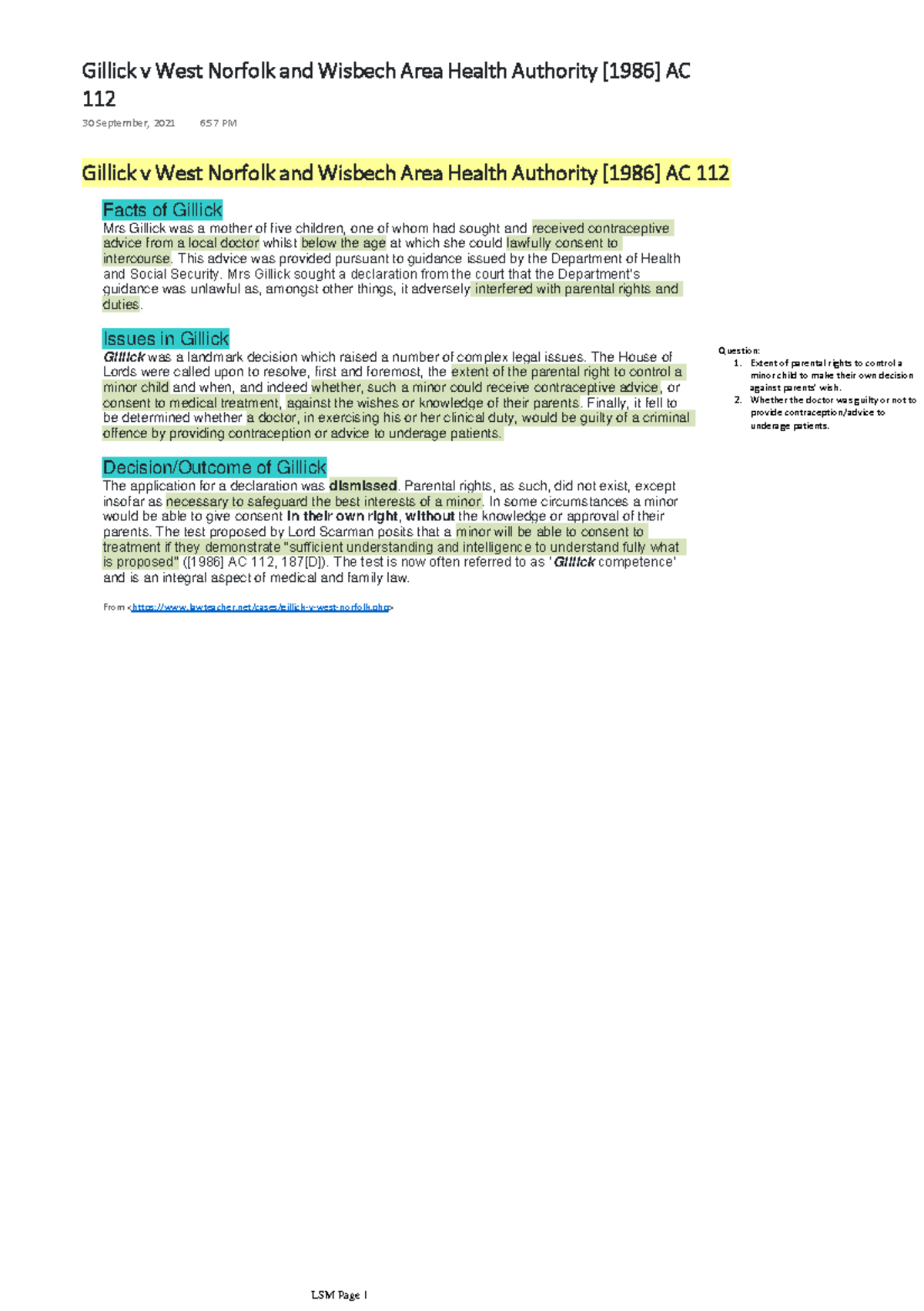 Gillick v West Norfolk and Wisbech Area Health Authority [1986] AC 112 ...