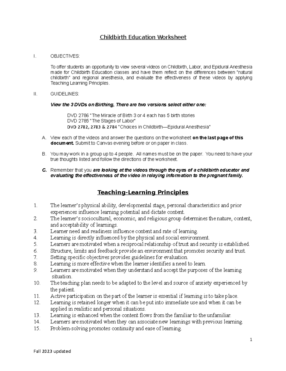 Childbirth Education Worksheet updated Fall 2023 - Childbirth Education ...