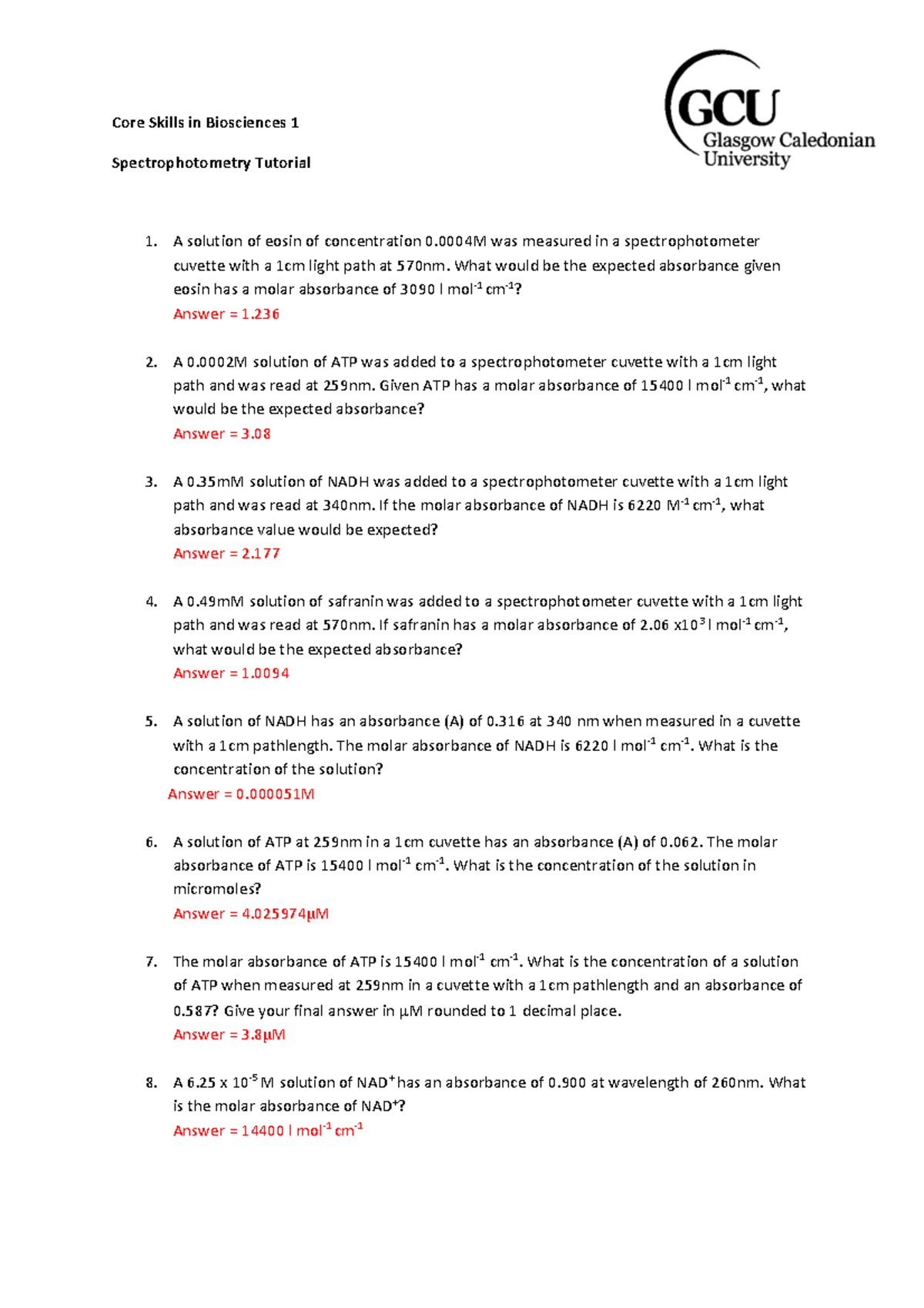 Spectrophotometry tutorial sheet 2022 - Core Skills in Biosciences 1 Spectrophotometry Tutorial ...