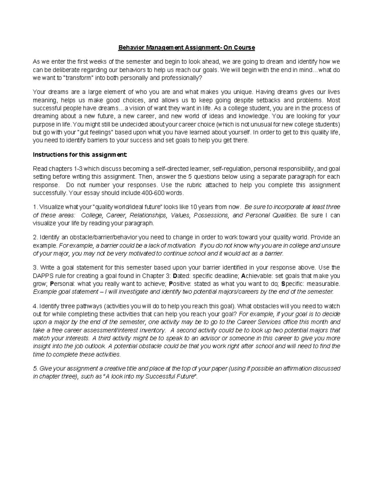 Behavior Management Essay Instructions - Staying On Course - Behavior ...