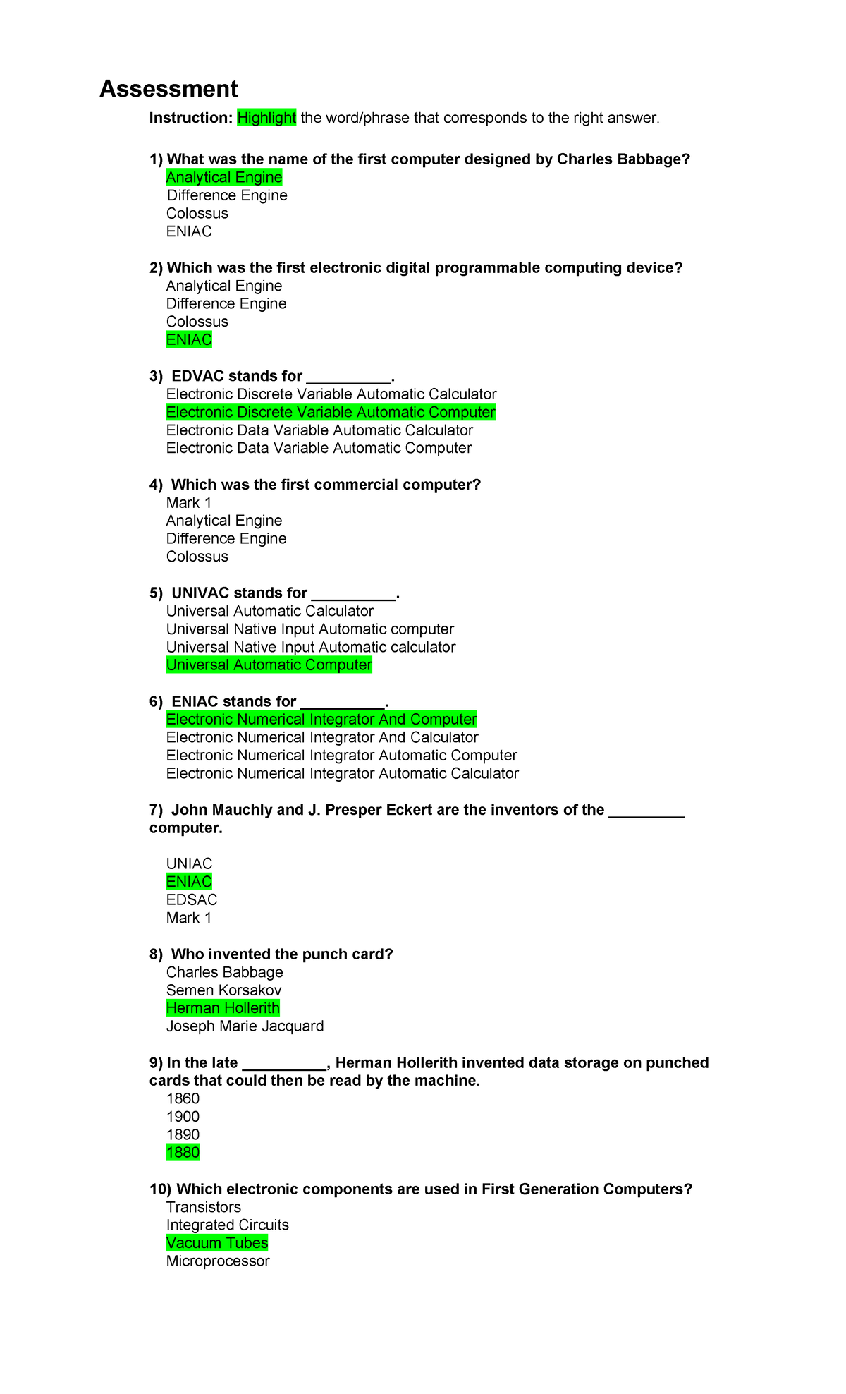 history of computer - Assessment Instruction: Highlight the word/phrase ...