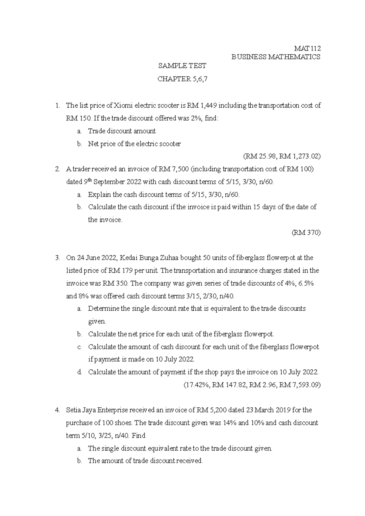 Sample test mat 112 - MAT BUSINESS MATHEMATICS SAMPLE TEST CHAPTER 5,6 ...