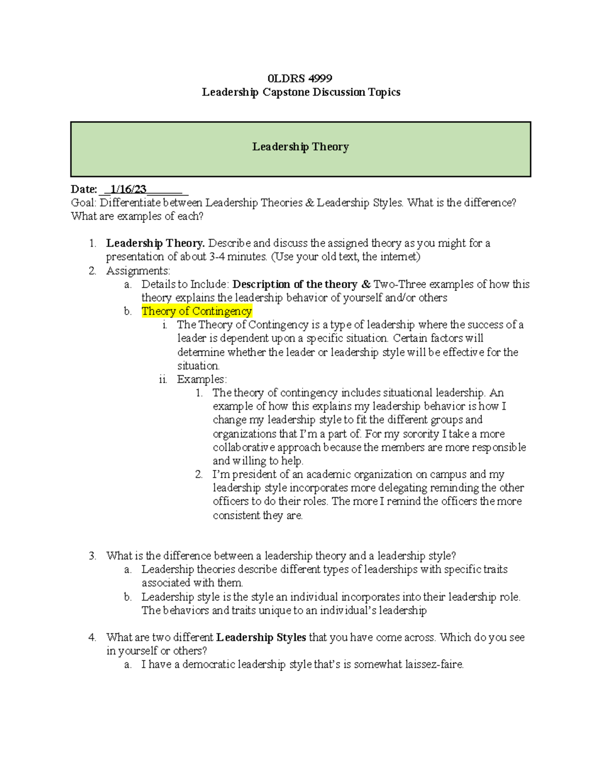 Leadership Theory Homework - 0LDRS 4999 Leadership Capstone Discussion ...
