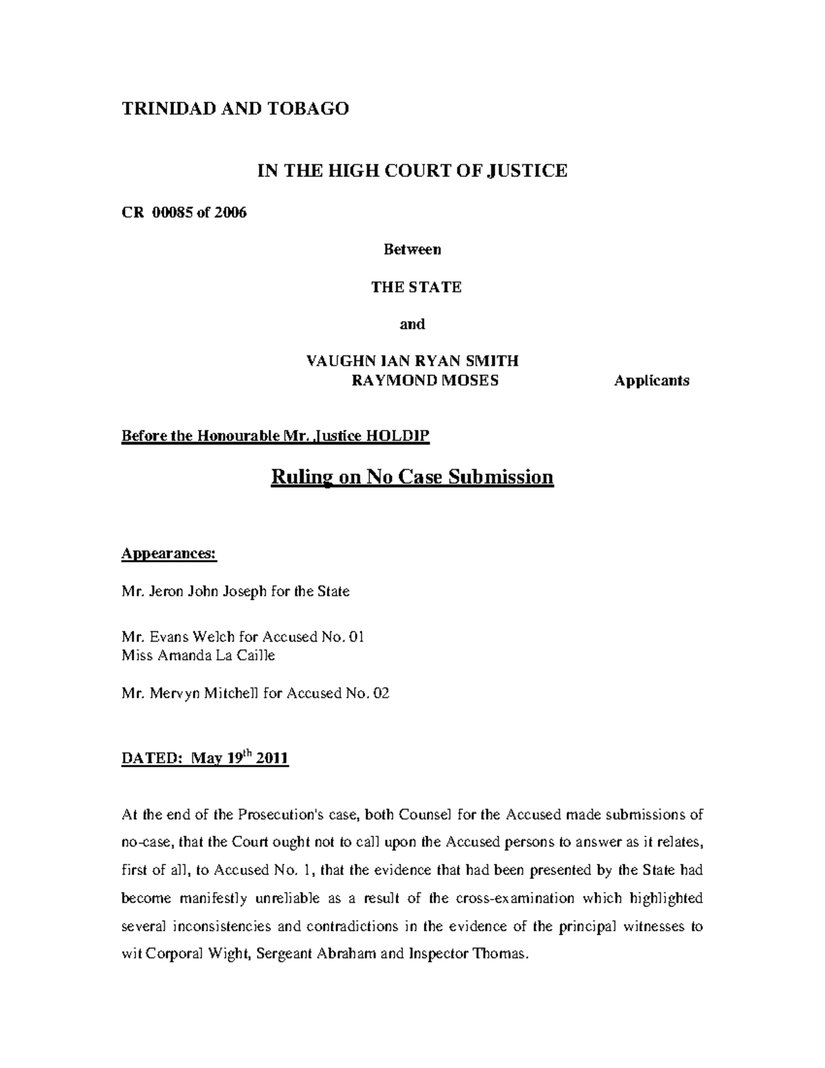 Cv 06 00085 DD19may2011 - TRINIDAD AND TOBAGO IN THE HIGH COURT OF ...