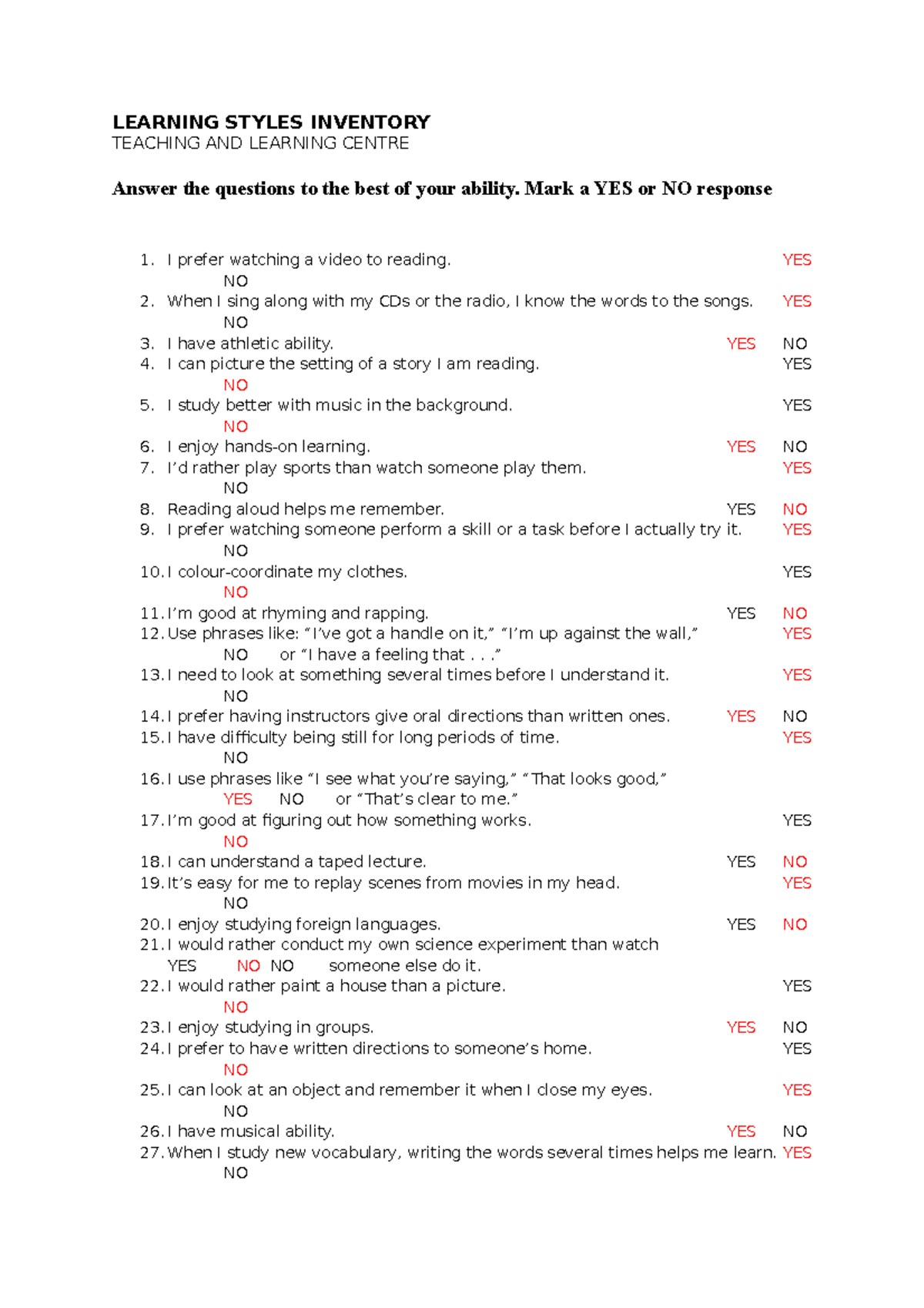 Learning Styles Inventory - LEARNING STYLES INVENTORY ####### TEACHING ...