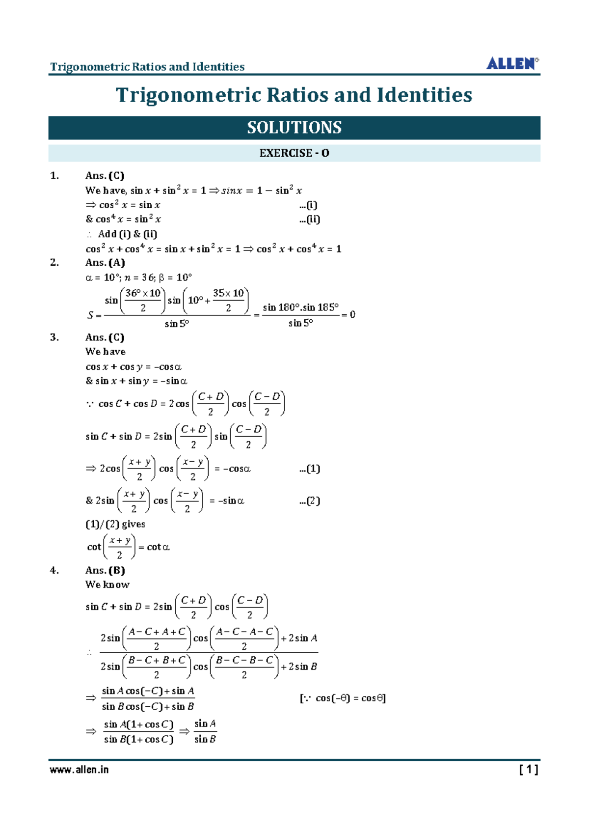 Original - I am - Trigonometric Ratios and Identities allen [ 1 ...