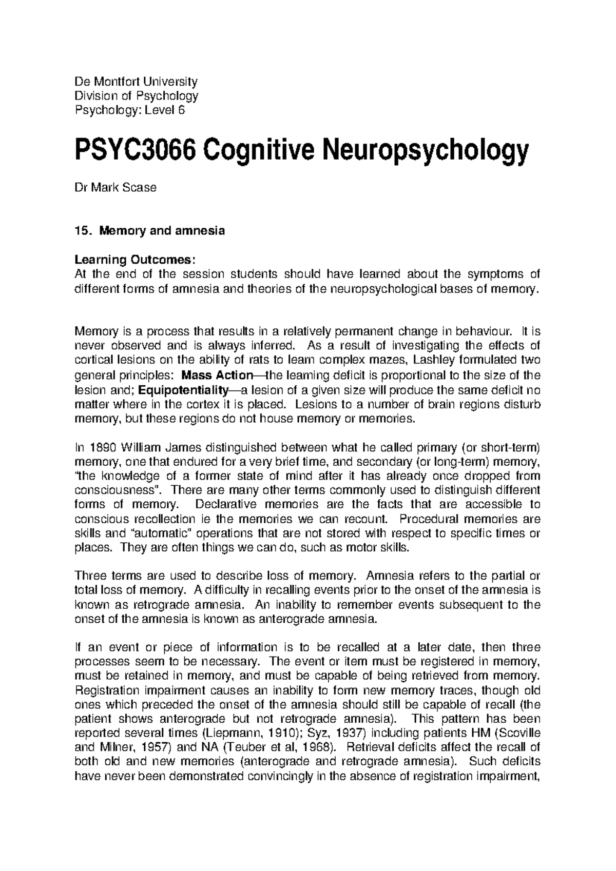 Memory & Amnesia Script - De Montfort University Division of Psychology ...