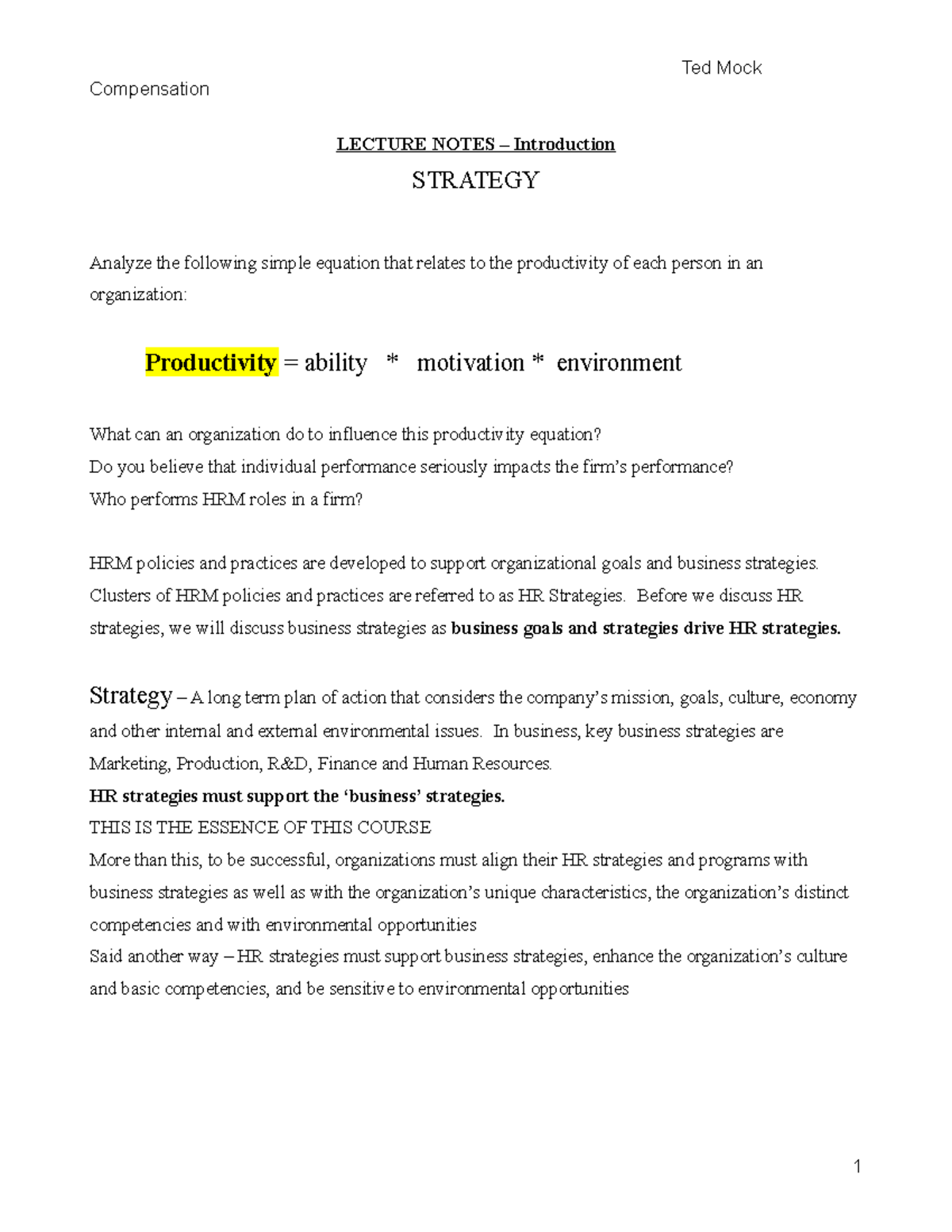 Strategy - LECTURE NOTES - Compensation LECTURE NOTES – Introduction ...