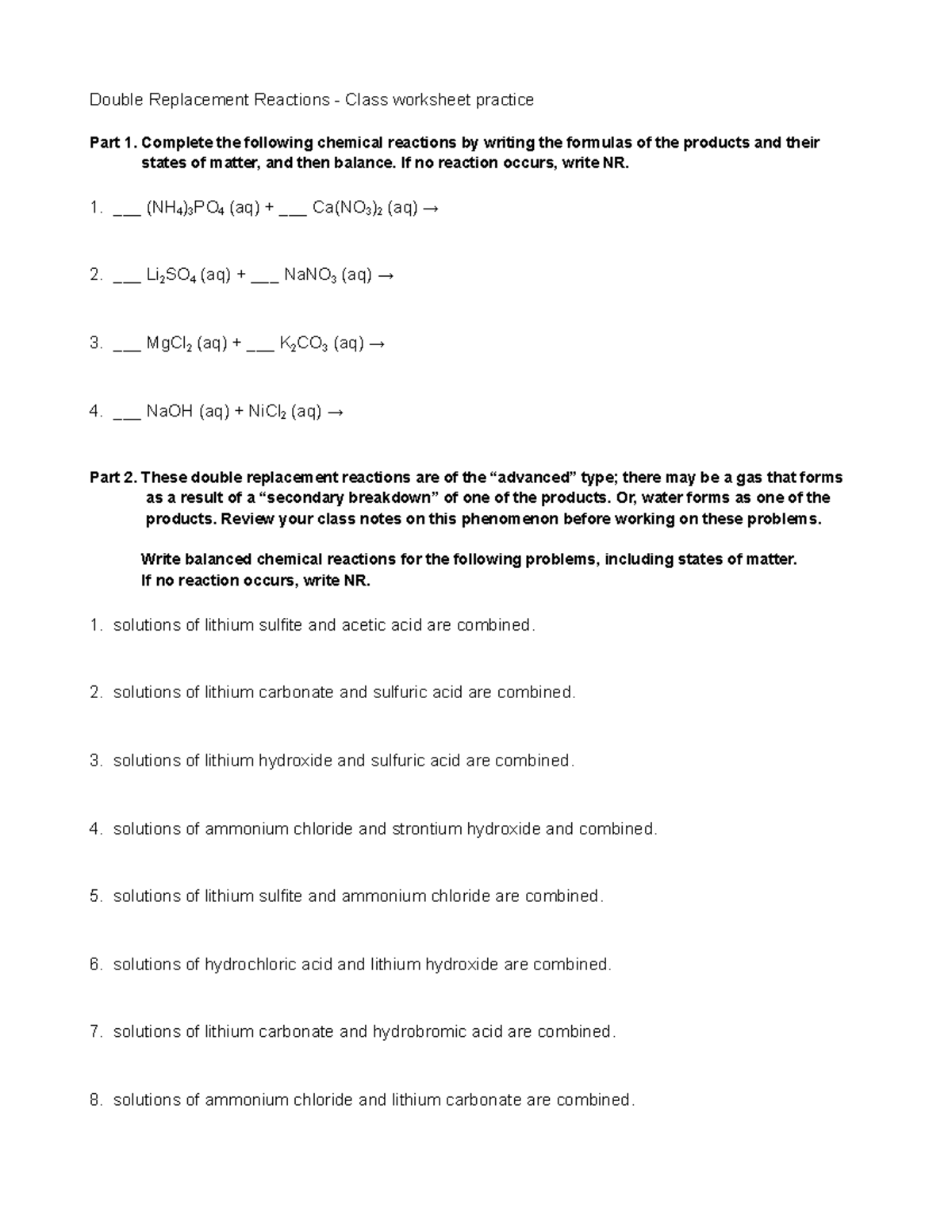 Double Replacement Reactions - Class worksheet practice 2024 - Complete ...