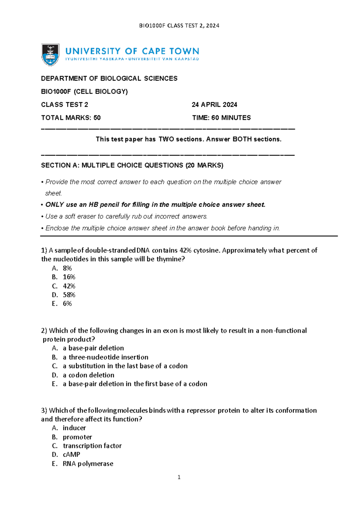 BIO1000 F Class test 2 2024 final - DEPARTMENT OF BIOLOGICAL SCIENCES ...