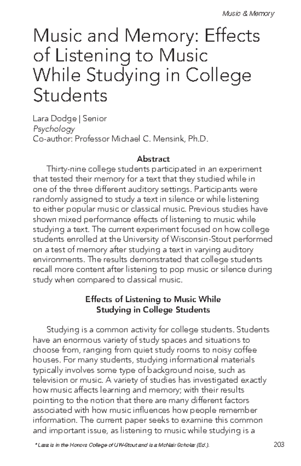Music and Memory - 203 Music and Memory: Effects of Listening to Music ...
