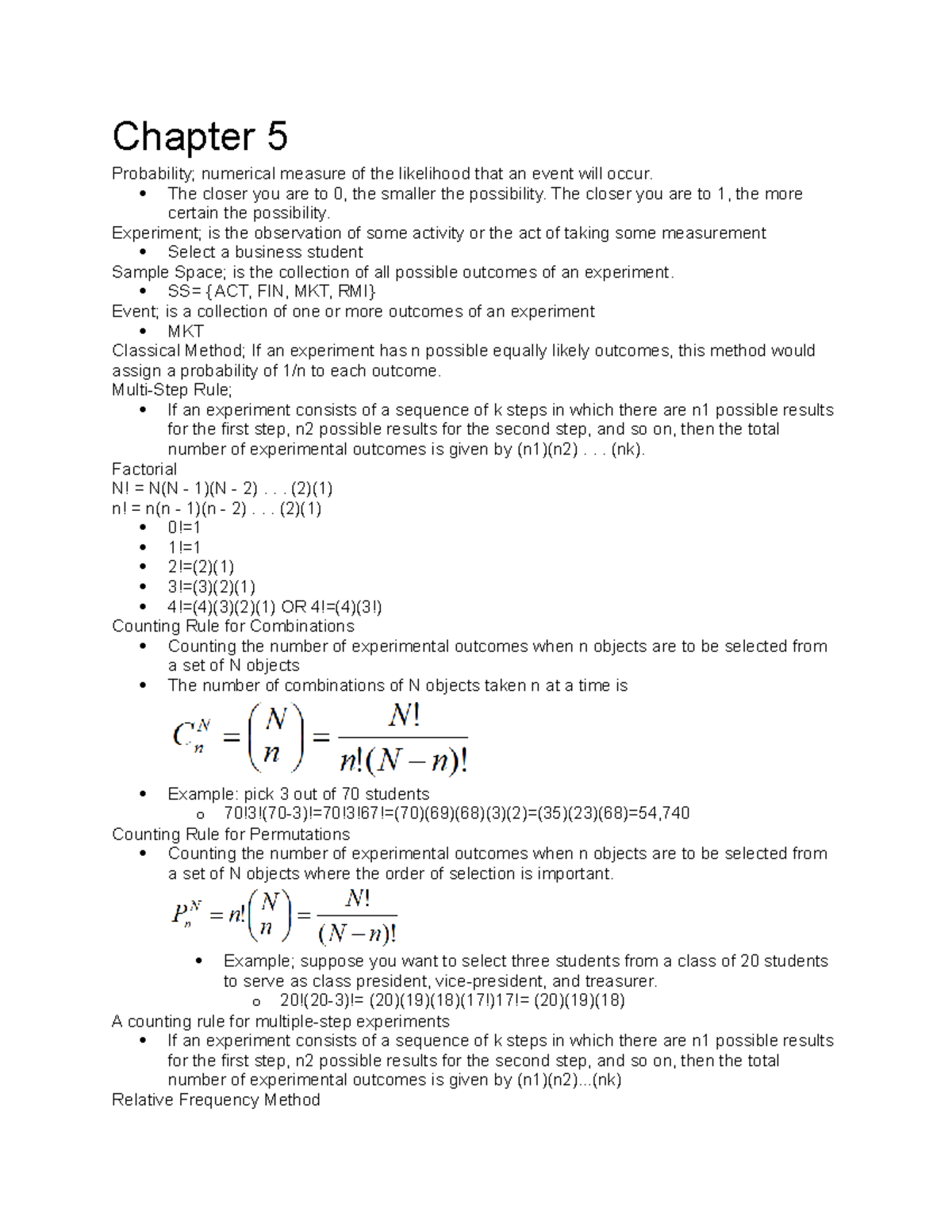 Statistics Chapters 5-7 - Chapter 5 Probability; numerical measure of ...