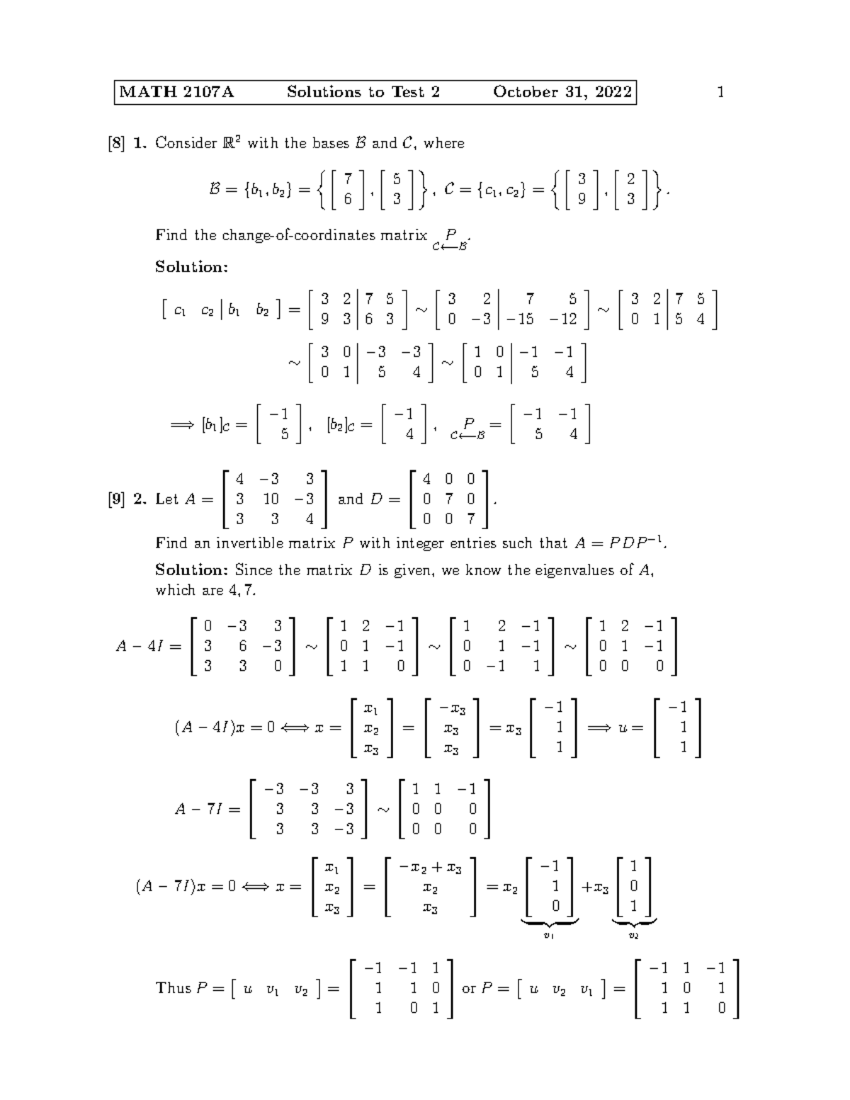 MATH 2107 Test2 Sonls F2022 SV - MATH 2107A Solutions to Test 2 October ...