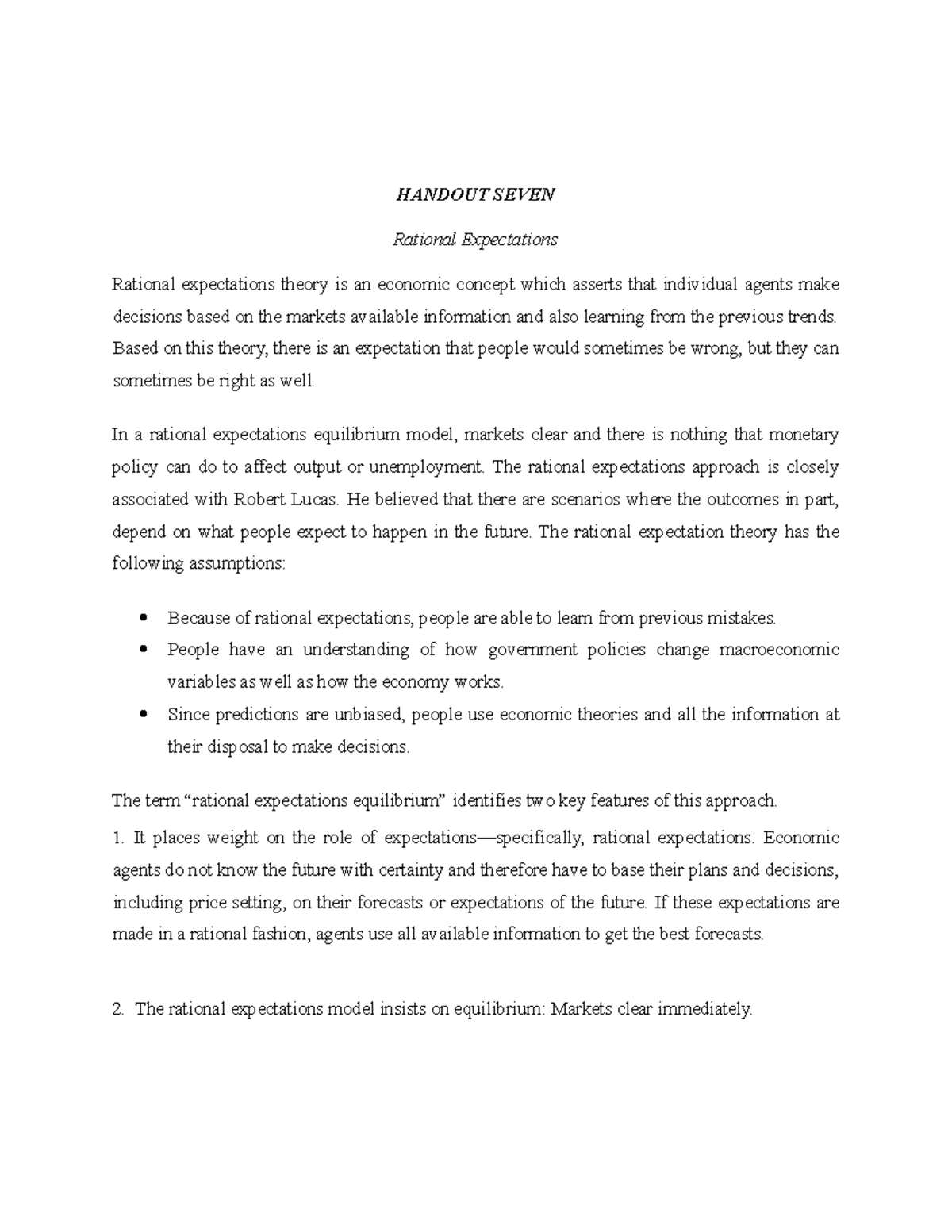 Handout Seven Rational Expectations - HANDOUT SEVEN Rational Expectations Rational expectations ...
