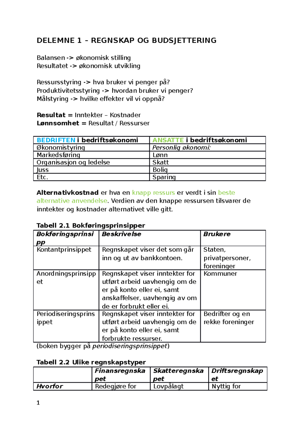 Delemne 1 bedøk - notater - DELEMNE 1 – REGNSKAP OG BUDSJETTERING ...