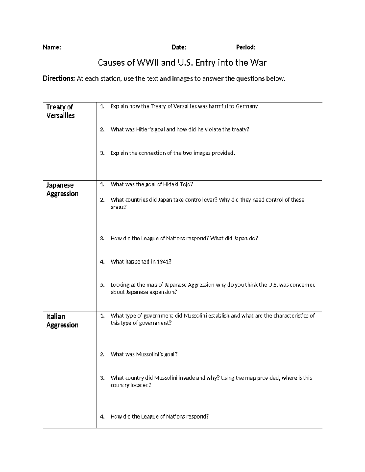 Causes of WWII and US Entry Worksheet - Name: Date: Period: Causes of ...