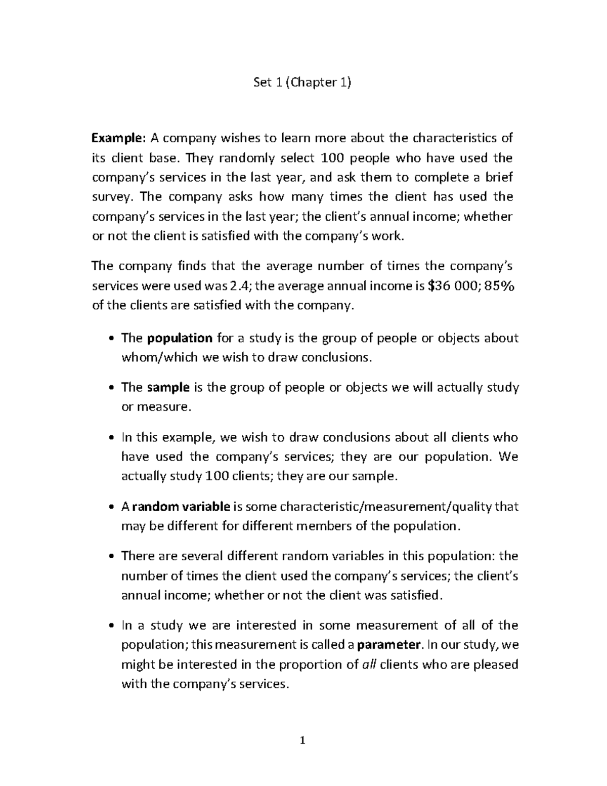 Sets 1-11 Notes - Set 1 (Chapter 1) Example: A company wishes to learn ...