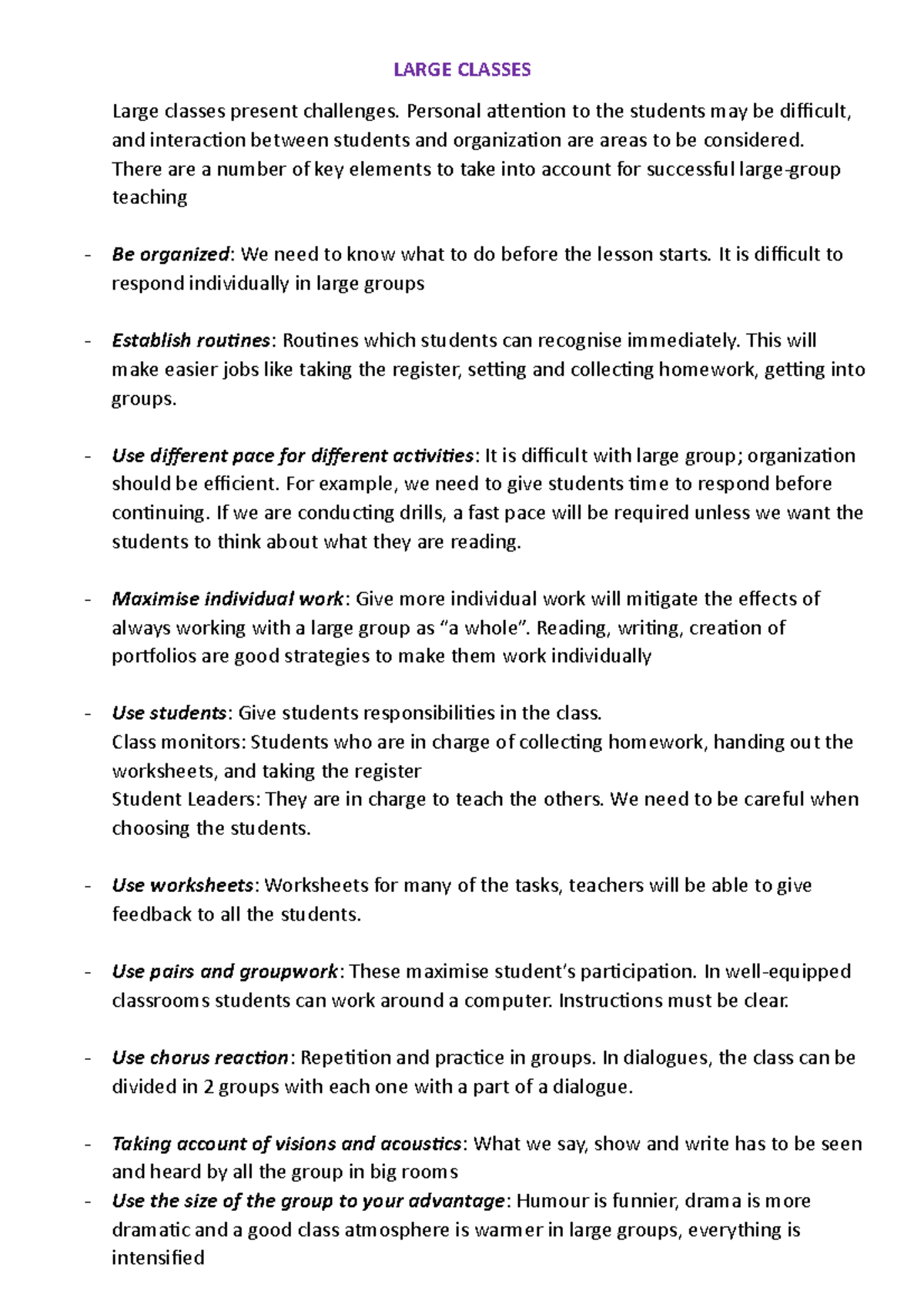 Large Classes concepts by Jeremy Harmer - LARGE CLASSES Large classes ...