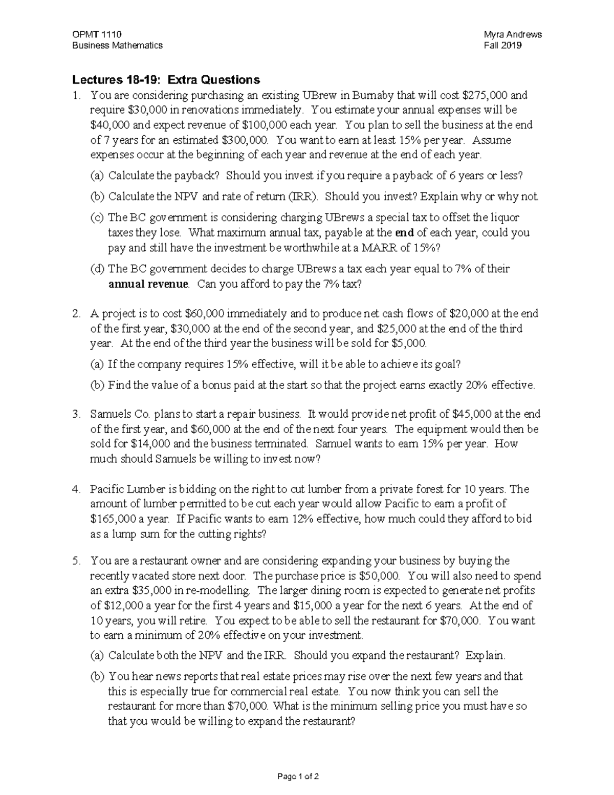 Lecture 18-19 Extra Questions Solutions OPMT-1110-0 - Business Mathematics - OPMT 1110 Myra ...