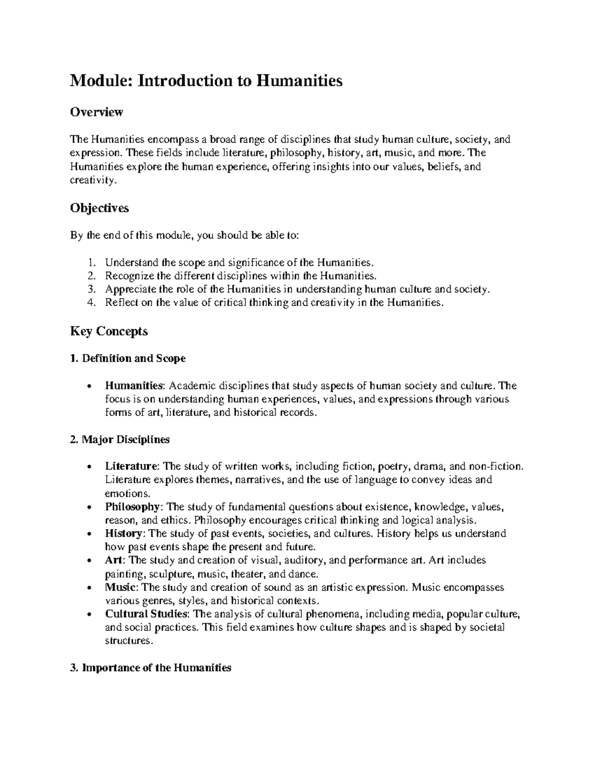 Humanities Module - Read - Module: Introduction to Humanities Overview The Humanities encompass ...