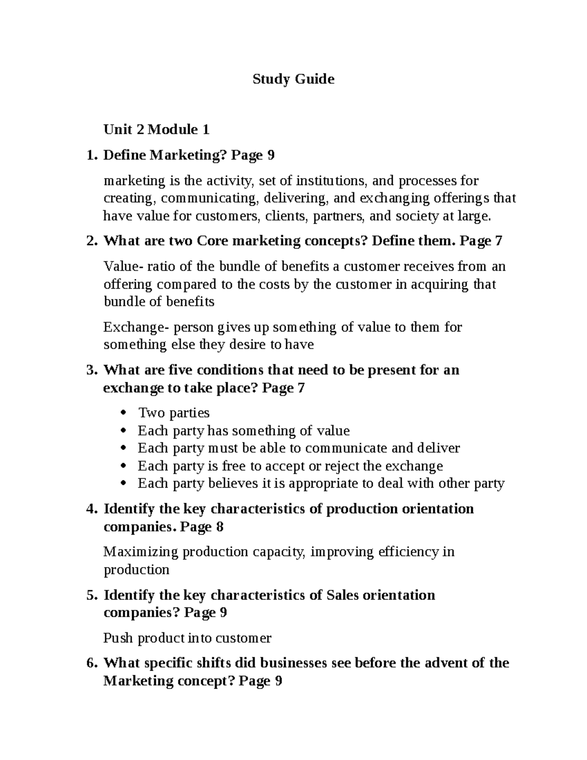 Study Guide - Study Guide Unit 2 Module 1 1. Define Marketing? Page 9 ...