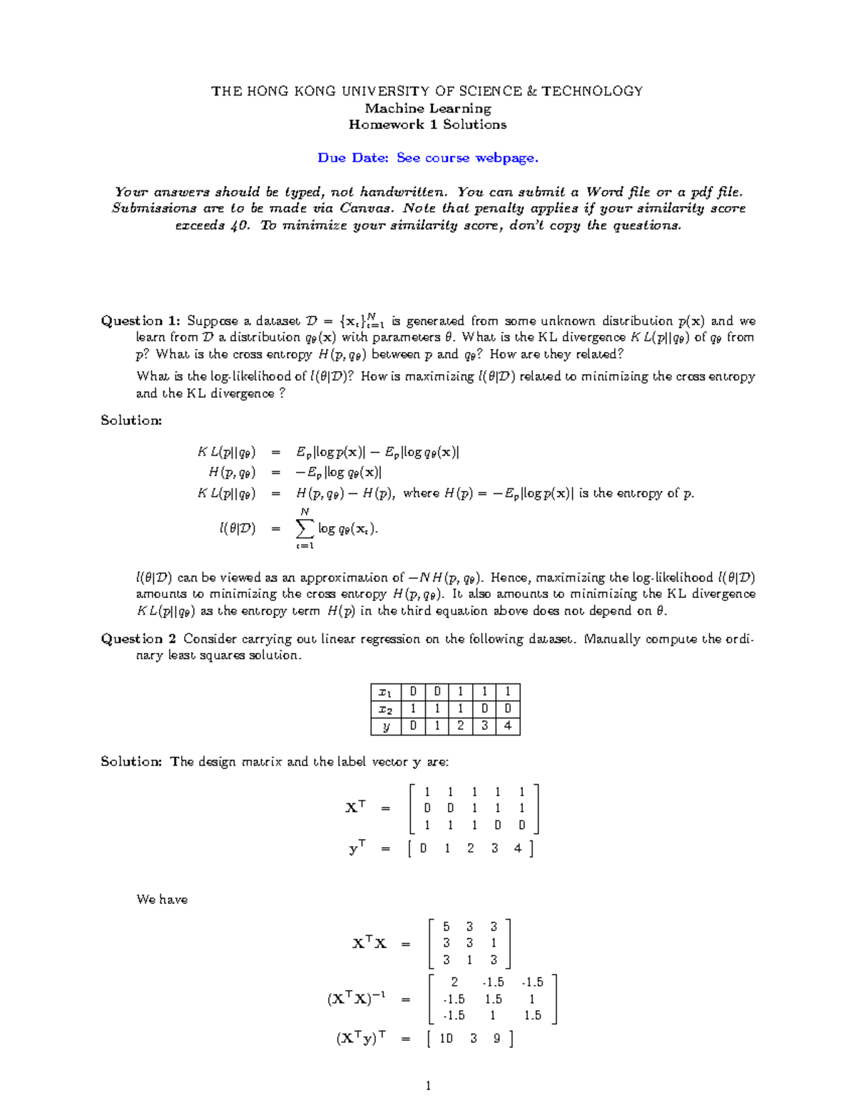 Homework1 Solution - THE HONG KONG UNIVERSITY OF SCIENCE & TECHNOLOGY Machine Learning Homework ...
