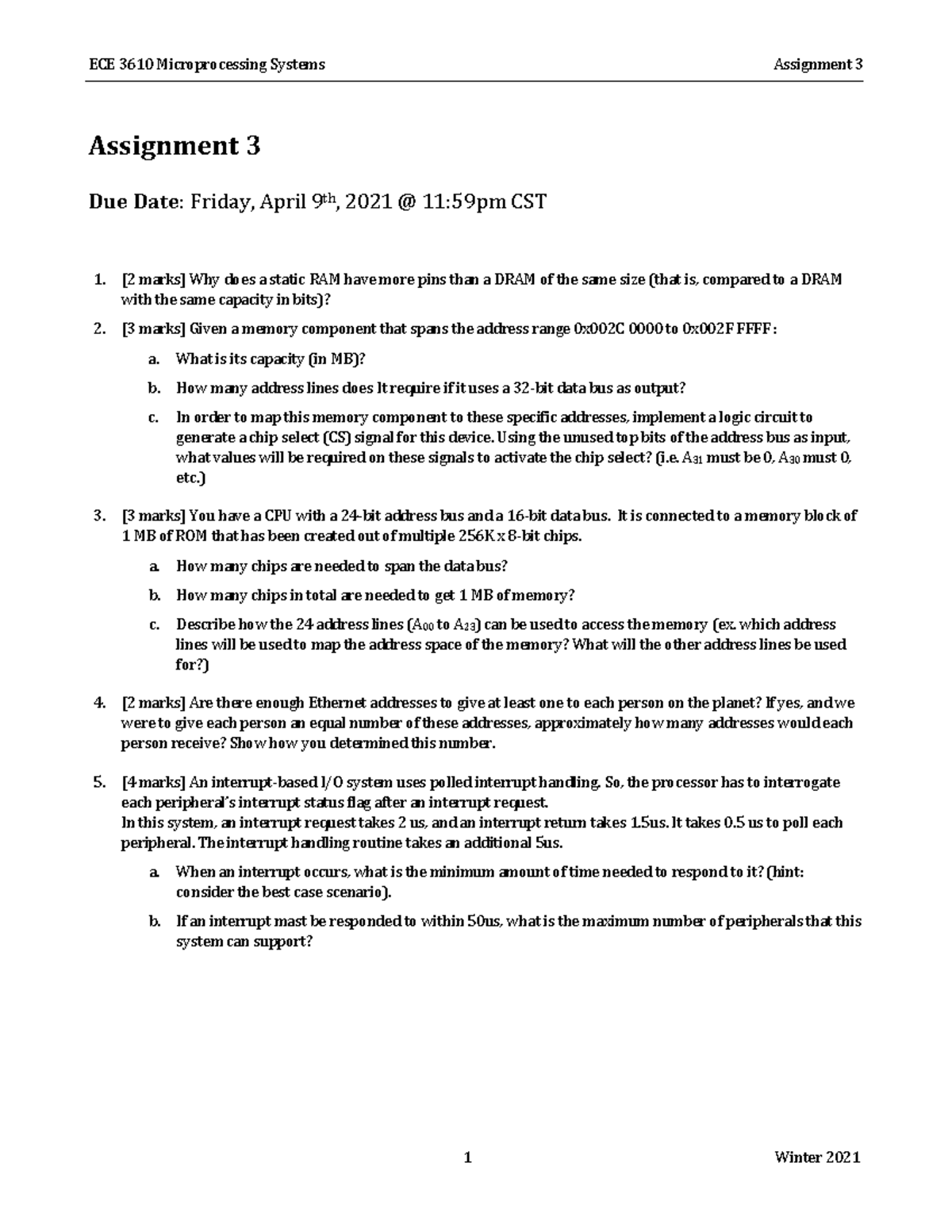 ECE3610 Winter 2021 assignment 3 - ECE 3610 Micr oprocessing Systems ...