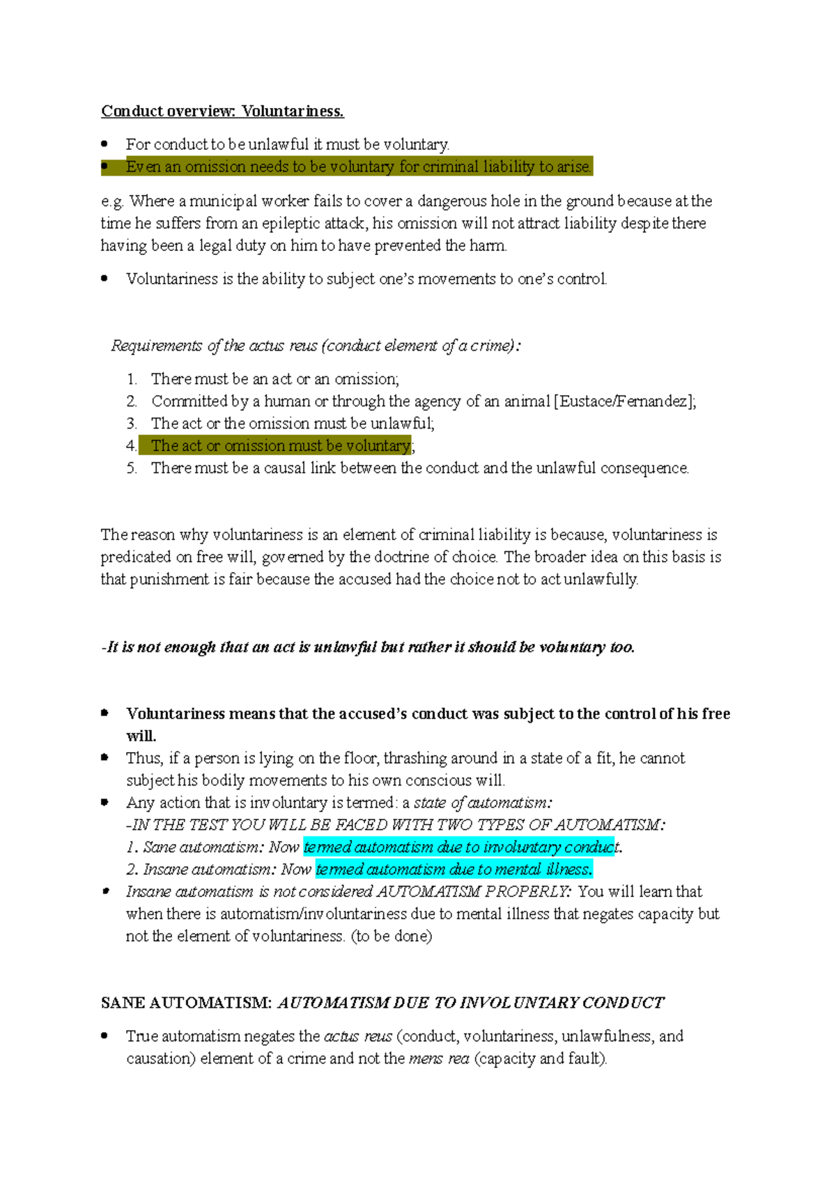 Conduct overview - For conduct to be unlawful it must be voluntary ...