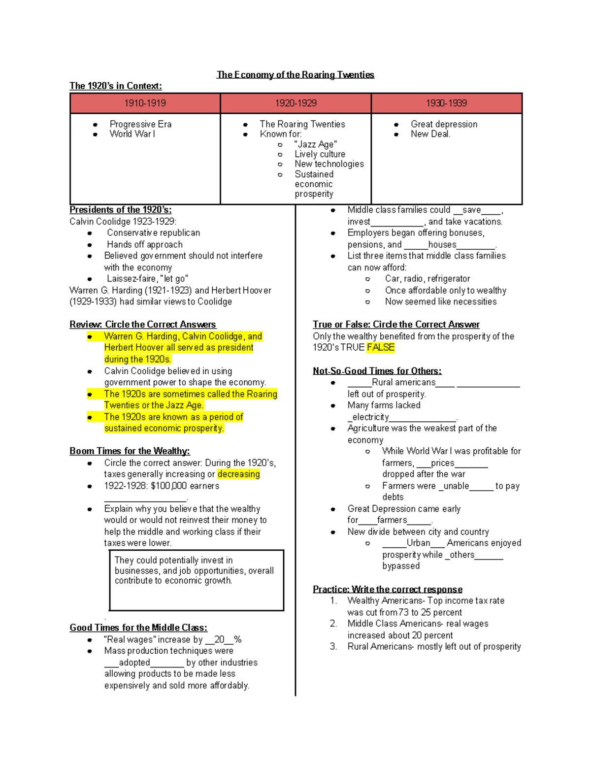 Copy of Economics of the 1920's Outline - The Economy of the Roaring ...