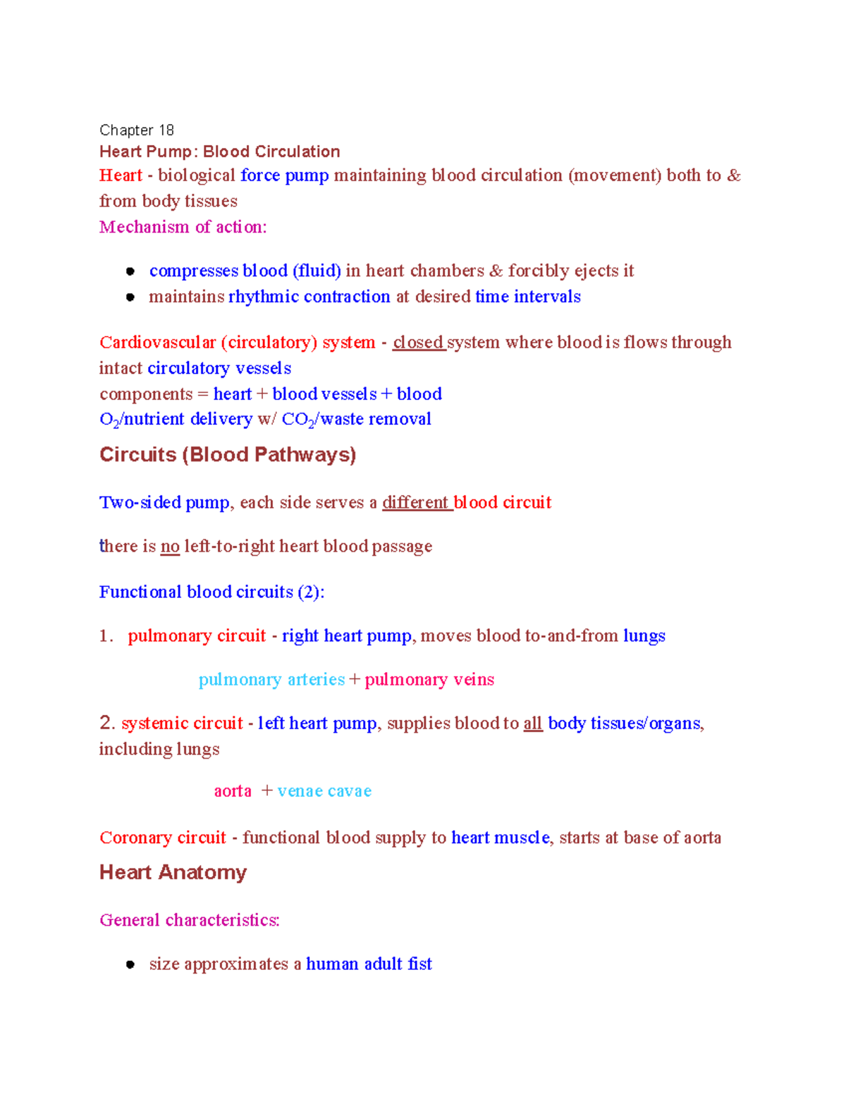 BMD252 Chapter 18 Notes - Chapter 18 Heart Pump: Blood Circulation ...