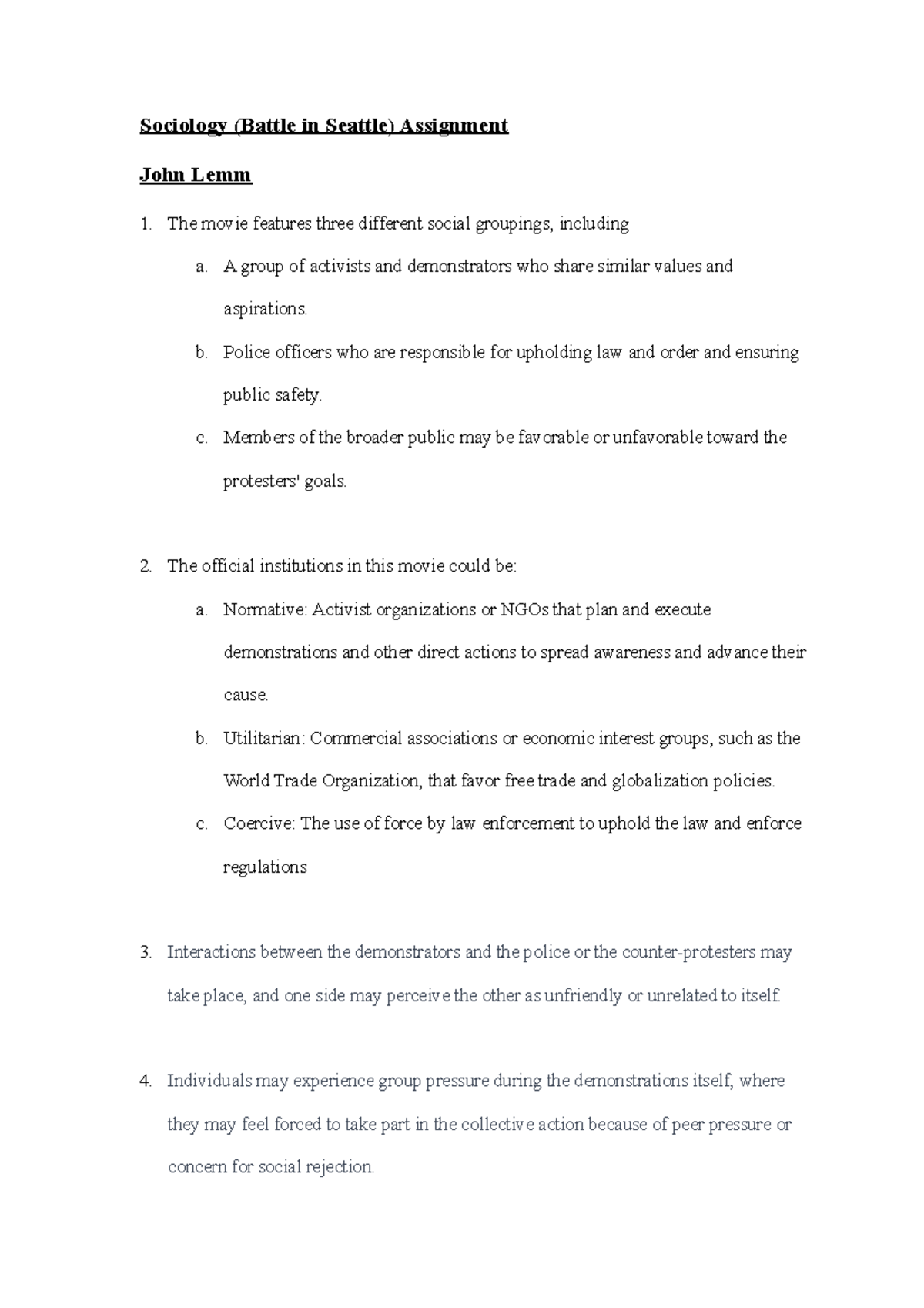 Battle in Seattle Assignment - Sociology (Battle in Seattle) Assignment ...