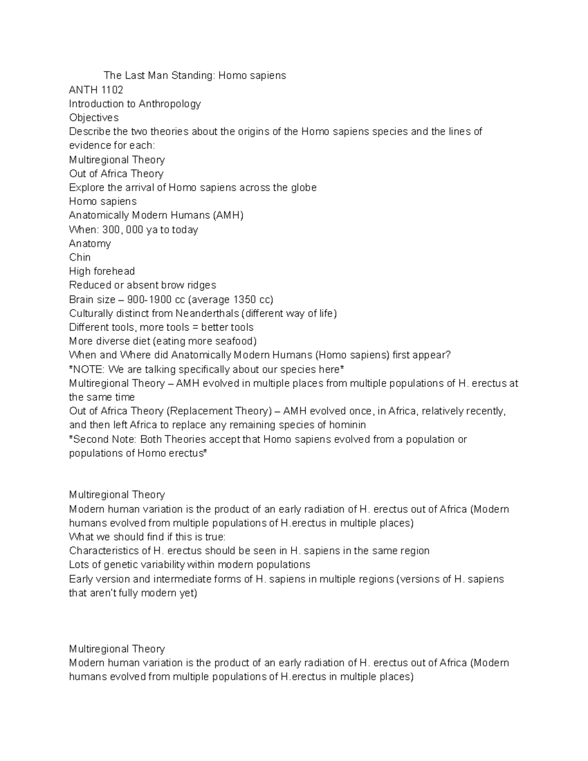 42 - notes - The Last Man Standing: Homo sapiens ANTH 1102 Introduction ...