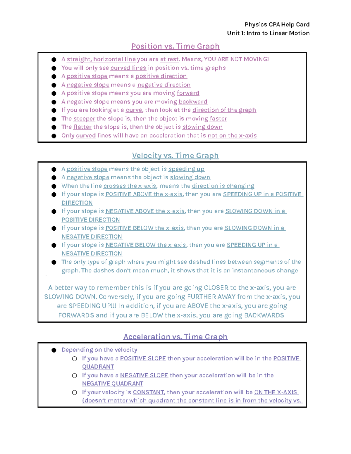 Physics CPA Motion Graphs - Physics CPA Help Card Unit 1: Intro to ...