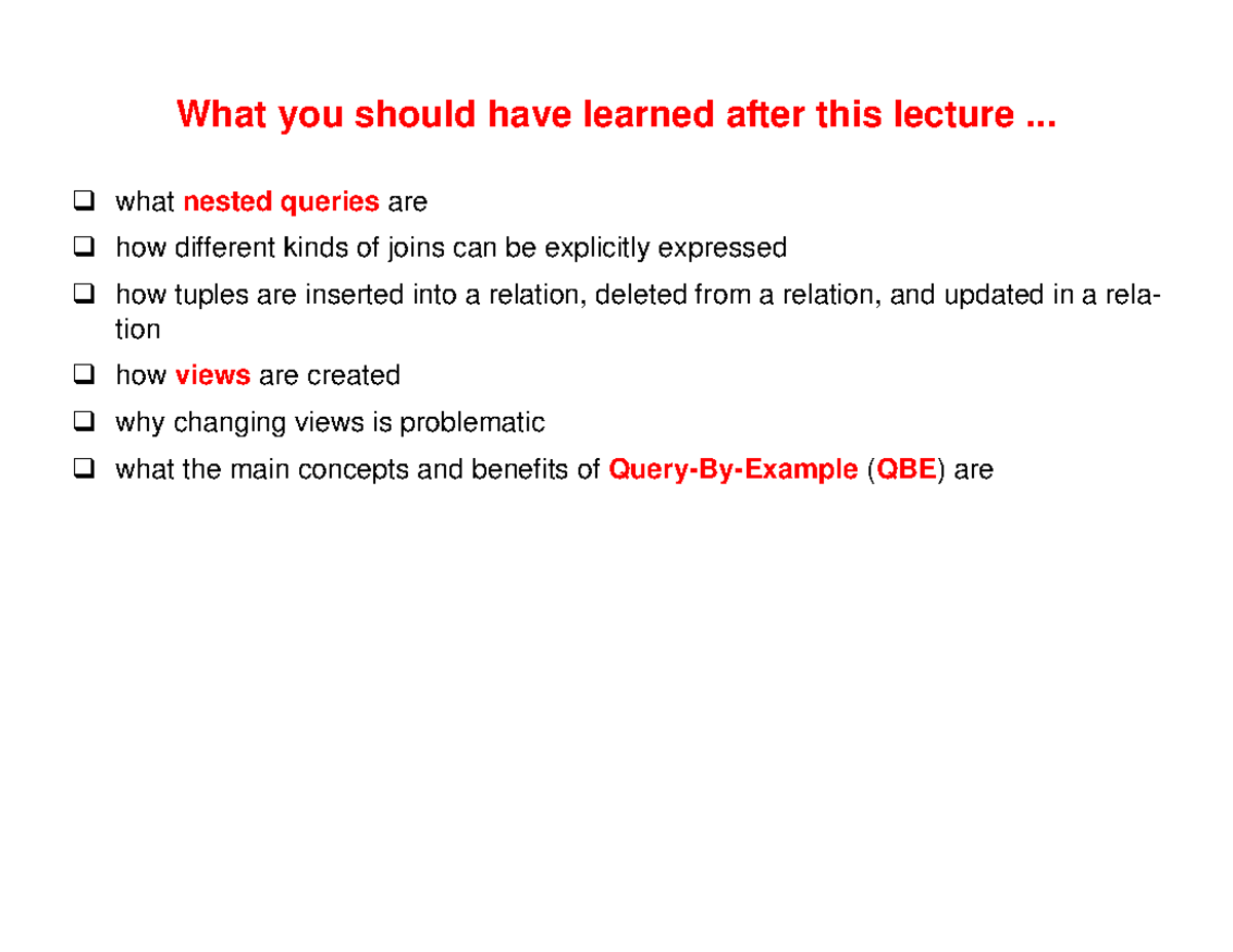 Lecture 13 What You Should Have Learned After This Lecture What Nested Queries Are How