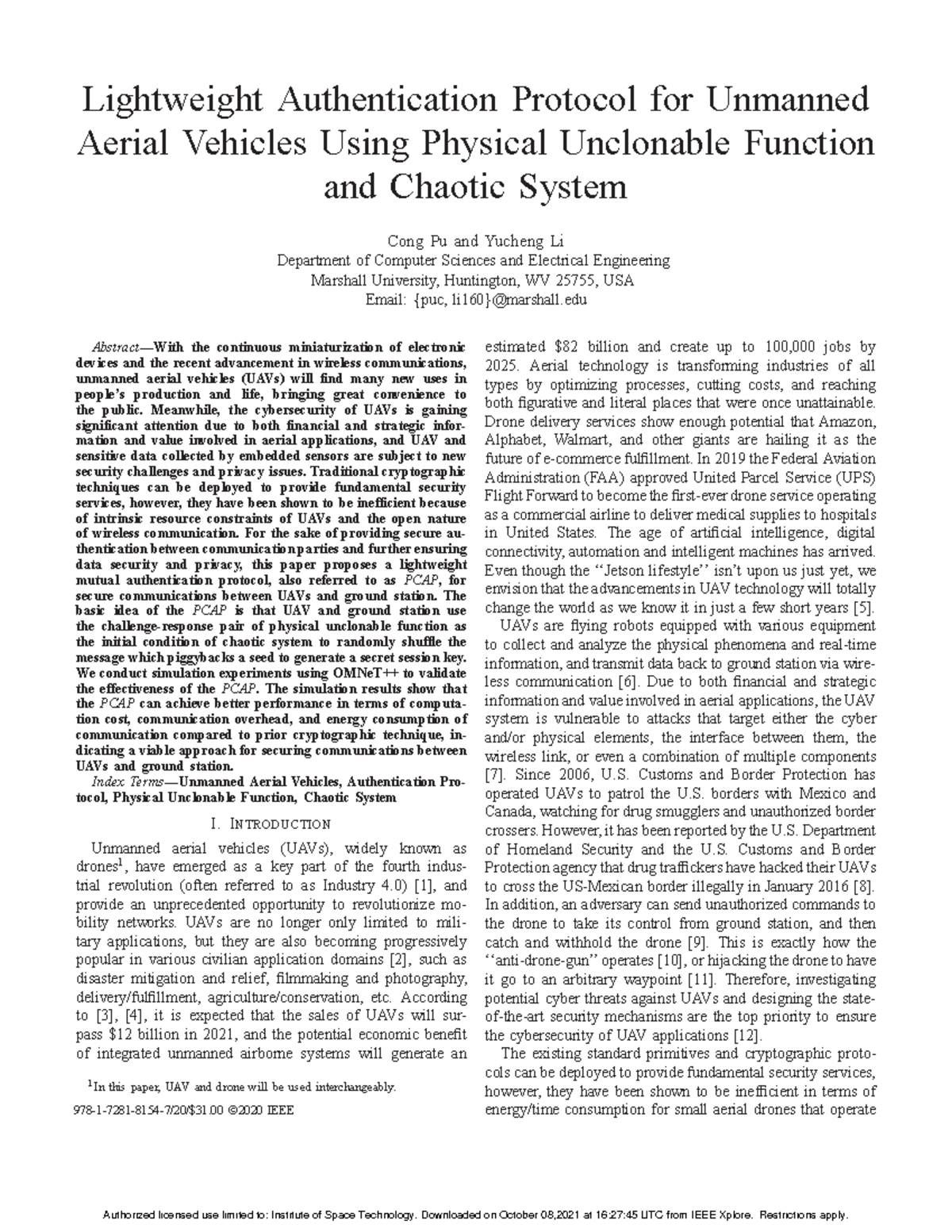 Lightweight Authentication Protocol for Unmanned Aerial Vehicles Using Physical Unclonable ...