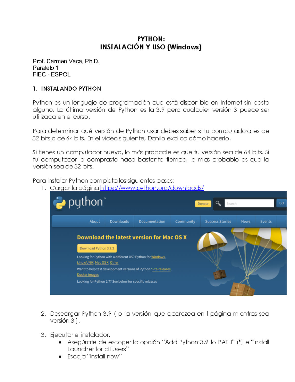 L01 Instalar Python - Pycharm - PYTHON: INSTALACIÓN Y USO (Windows) Prof. Carmen Vaca, Ph ...